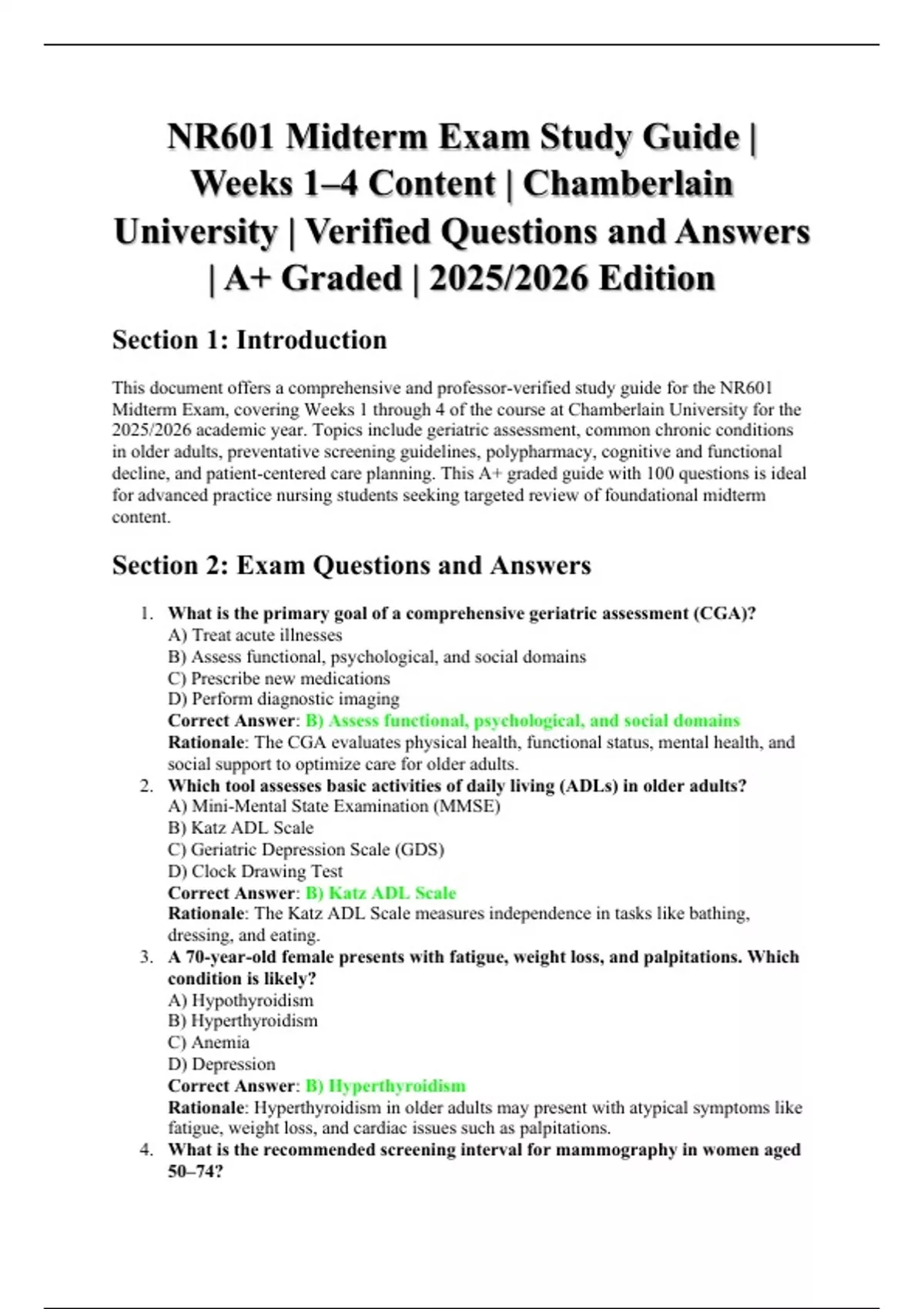 NR601 Midterm Exam Study Guide | Weeks 1–4 Content | Chamberlain ...
