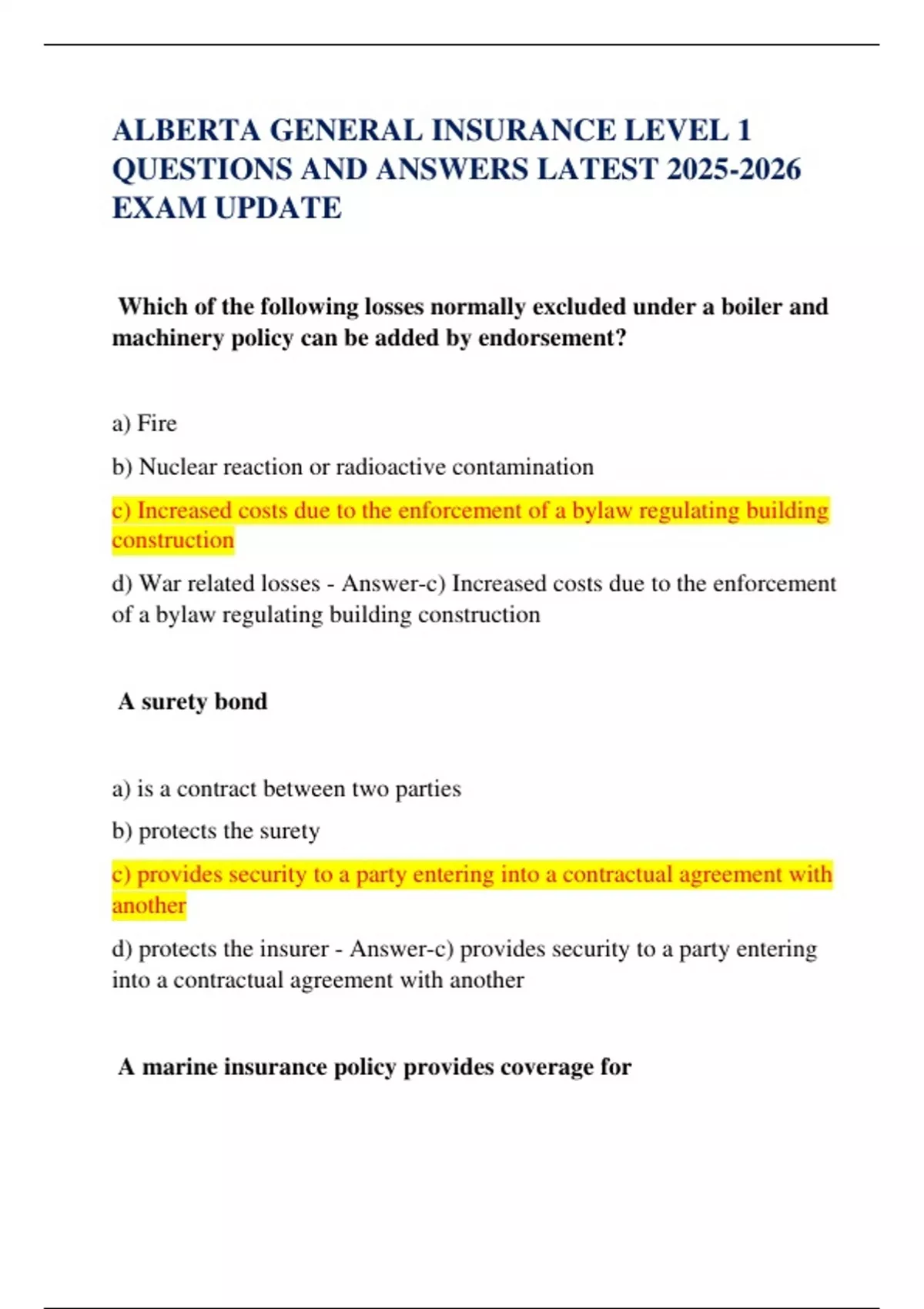 ALBERTA GENERAL INSURANCE LEVEL 1 QUESTIONS AND ANSWERS LATEST EXAM ...