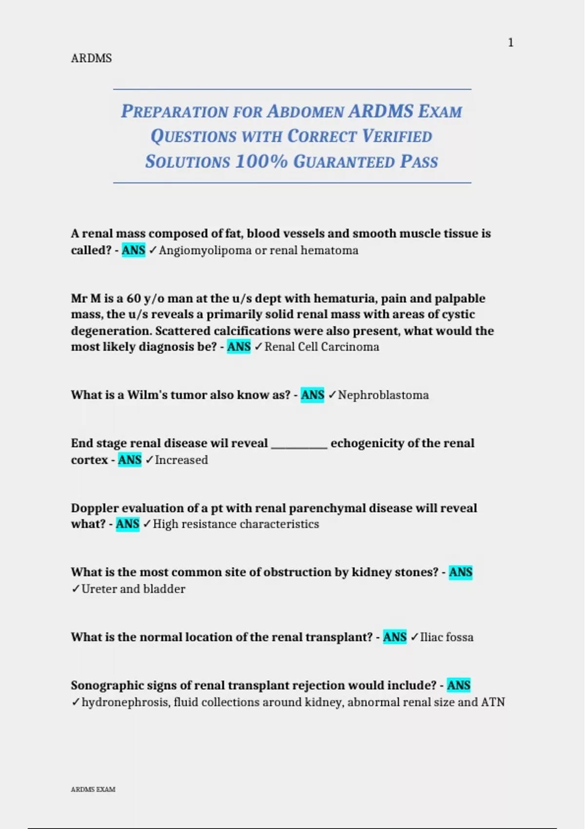 PREPARATION FOR ABDOMEN ARDMS EXAM QUESTIONS WITH CORRECT VERIFIED ...