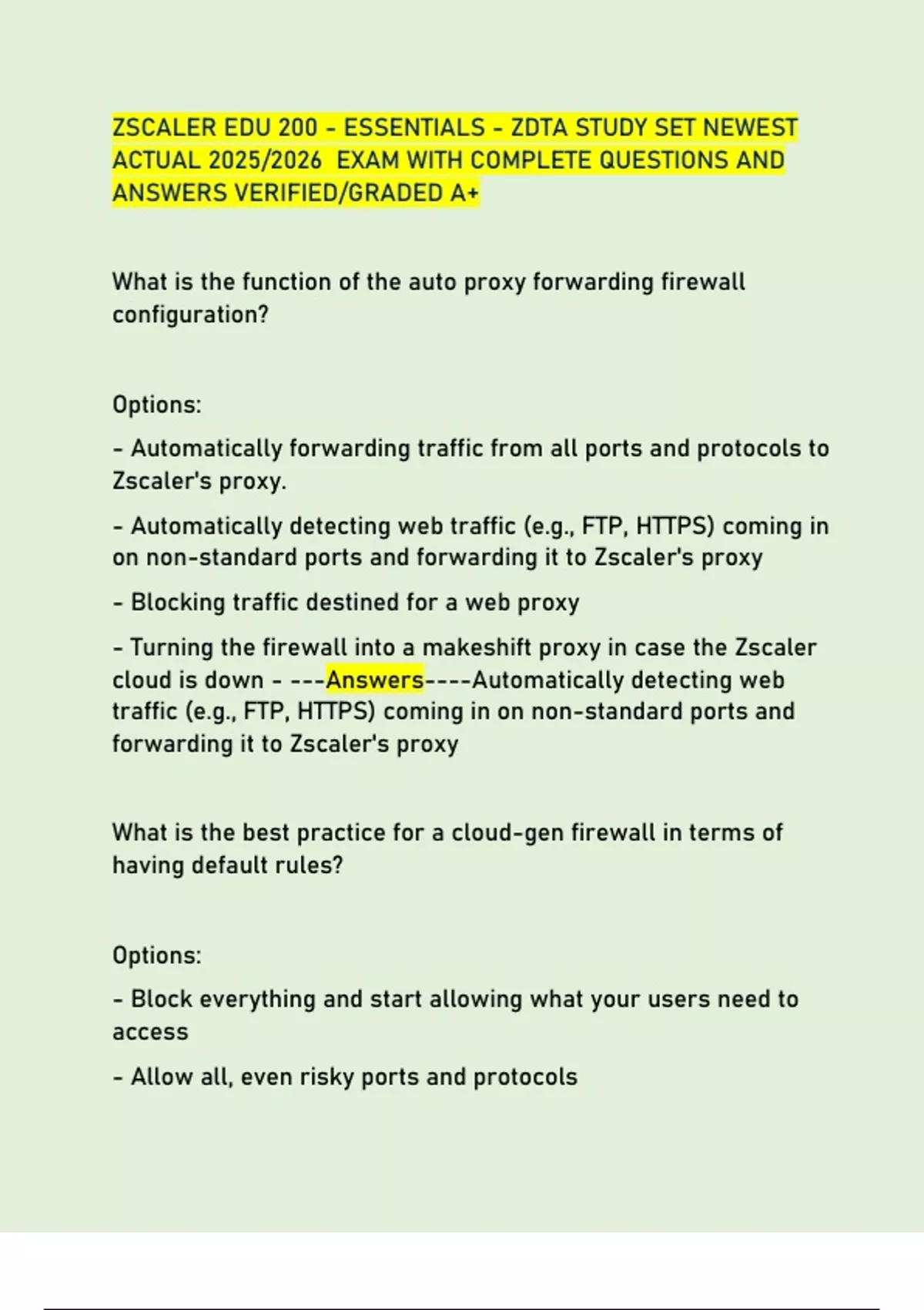 ZSCALER EDU 200 - ESSENTIALS - ZDTA STUDY SET NEWEST ACTUAL 2025/2026 EXAM WITH COMPLETE ...