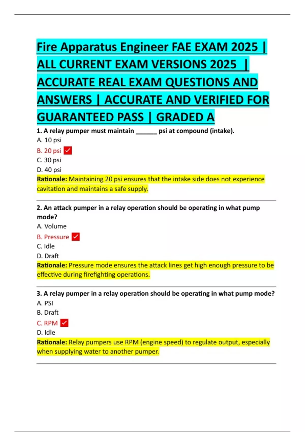 Fire Apparatus Engineer FAE EXAM 2025 | ALL CURRENT EXAM VERSIONS 2025 ...