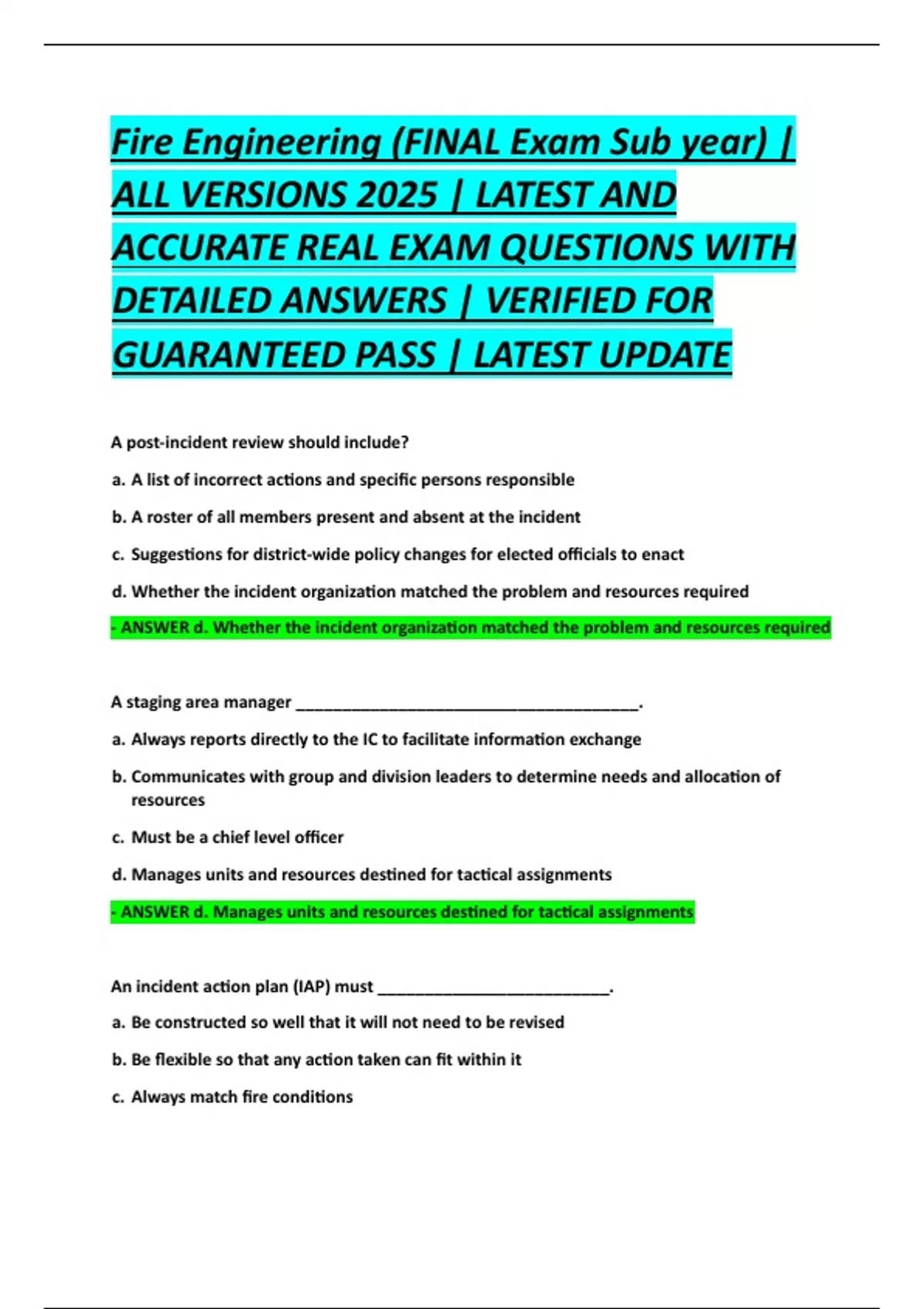 Fire Engineering (FINAL Exam Sub year) | ALL VERSIONS 2025 | LATEST AND ...