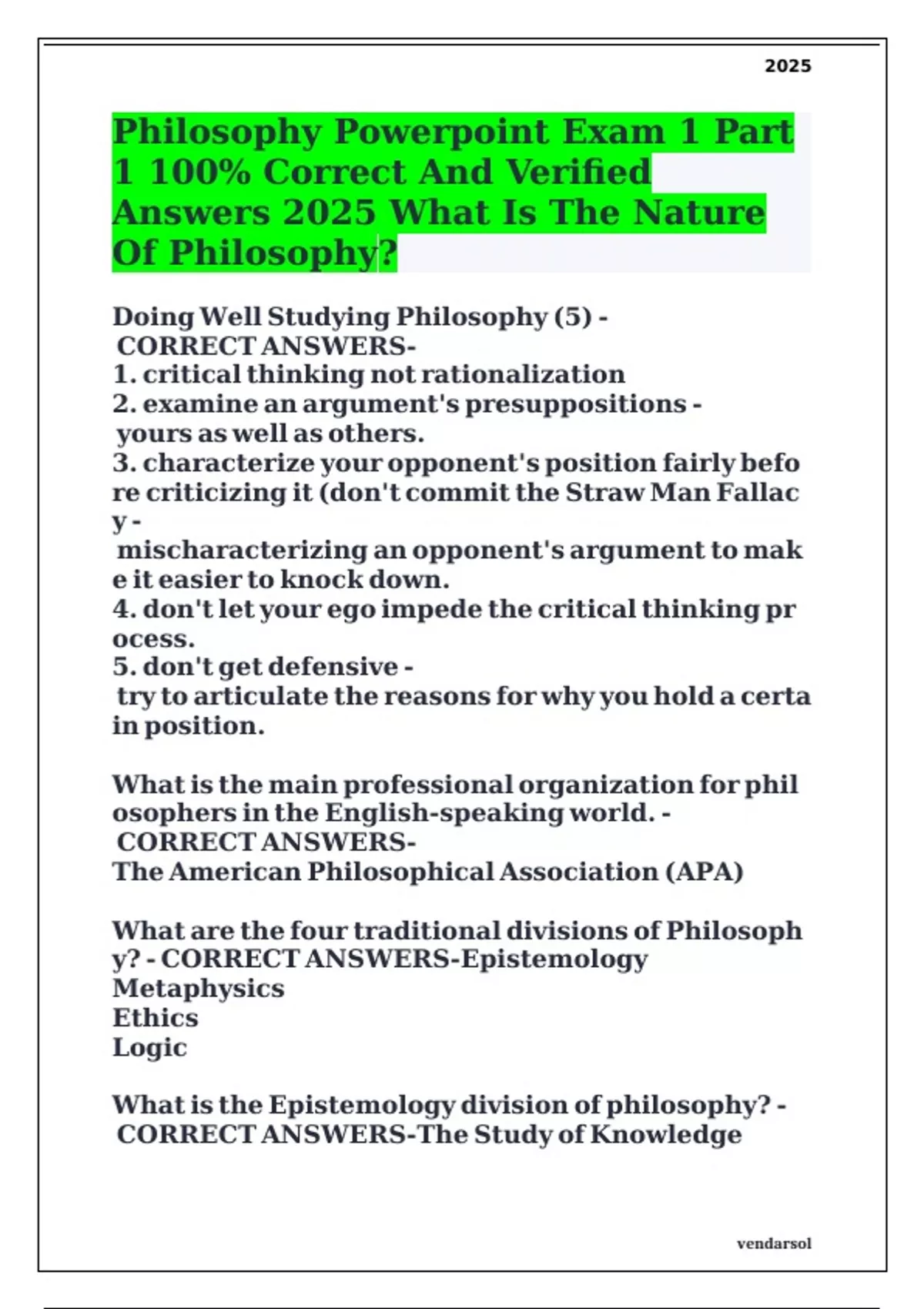 Philosophy Powerpoint Exam 1 Part 1 100% Correct And Verified Answers ...