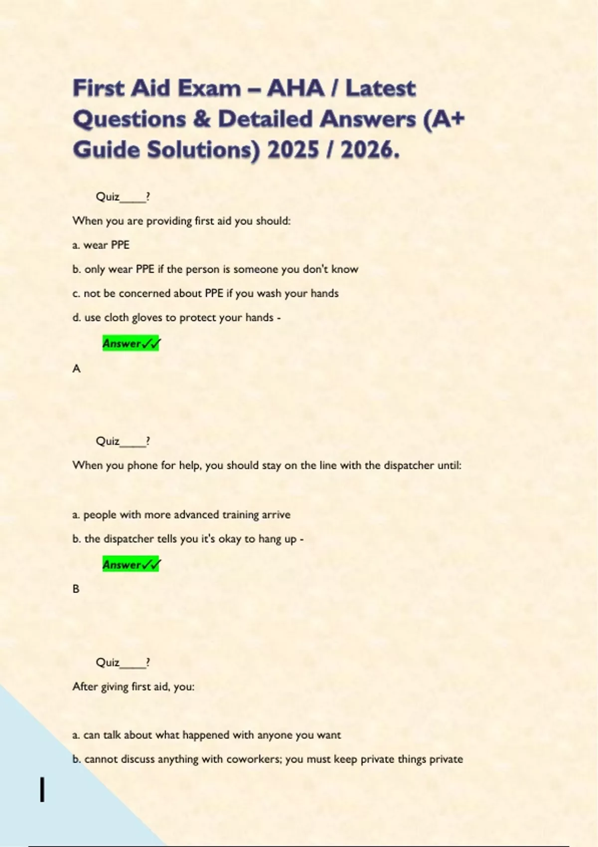 First Aid Exam – AHA / Latest Questions & Detailed Answers (A+ Guide ...
