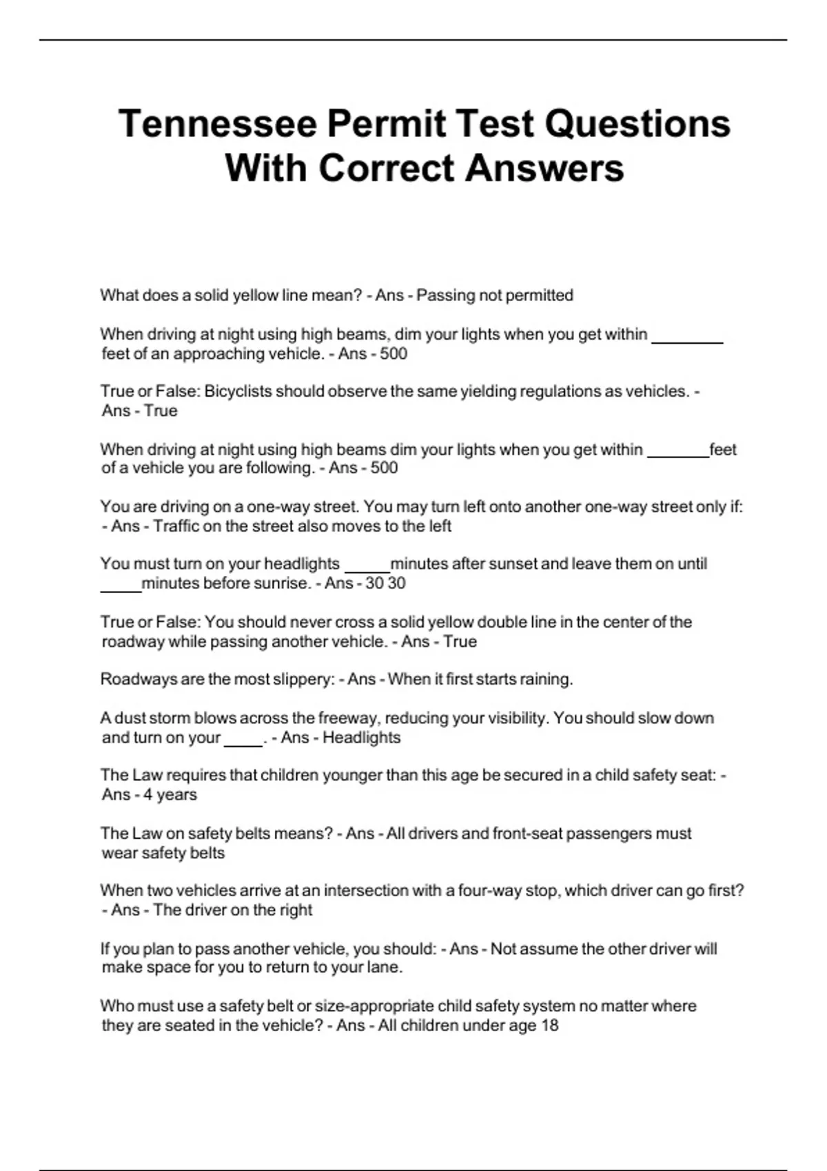 Tennessee Permit Test Questions With Correct Answers - Tennessee ...