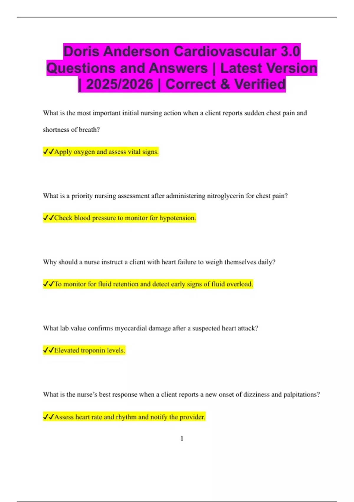 Doris Anderson Cardiovascular 3.0 Questions and Answers | Latest ...