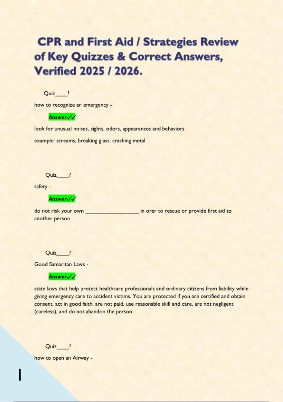 CPR and First Aid / Strategies Review of Key Quizzes & Correct Answers ...