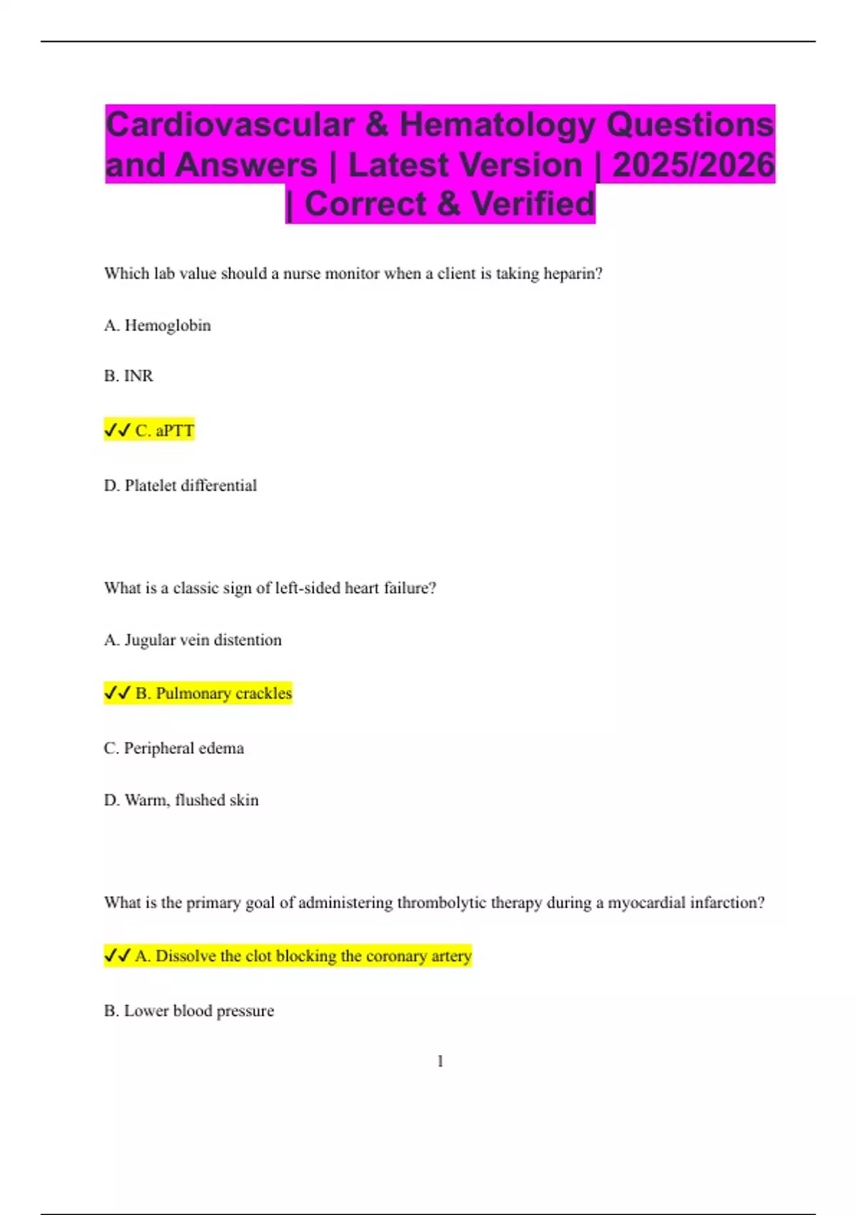 Cardiovascular & Hematology Questions and Answers | Latest Version ...