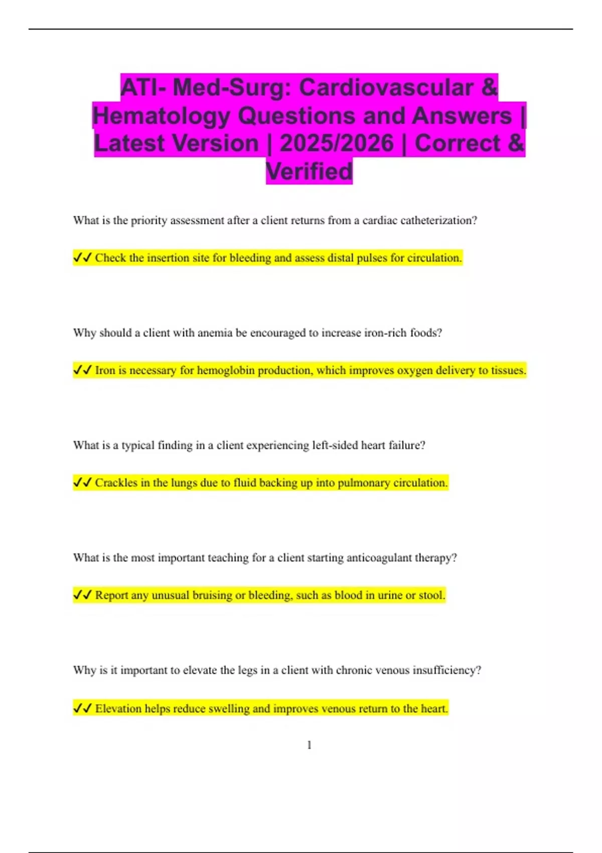 ATI- Med-Surg: Cardiovascular & Hematology Questions and Answers ...