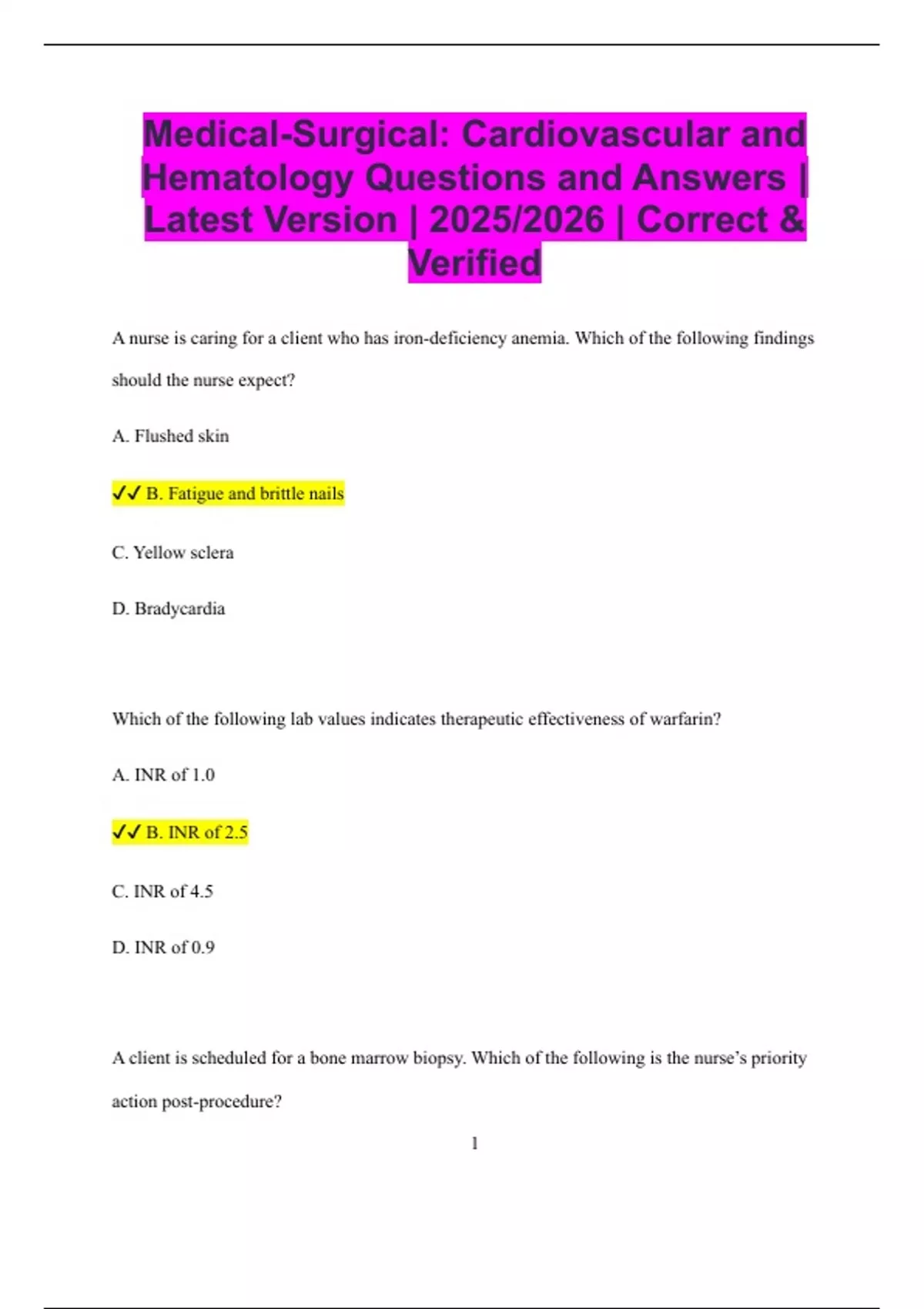 Medical-Surgical: Cardiovascular and Hematology Questions and Answers ...