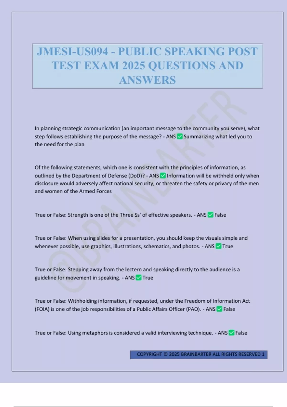 JMESI-US094 - PUBLIC SPEAKING POST TEST EXAM 2025 QUESTIONS AND ANSWERS ...