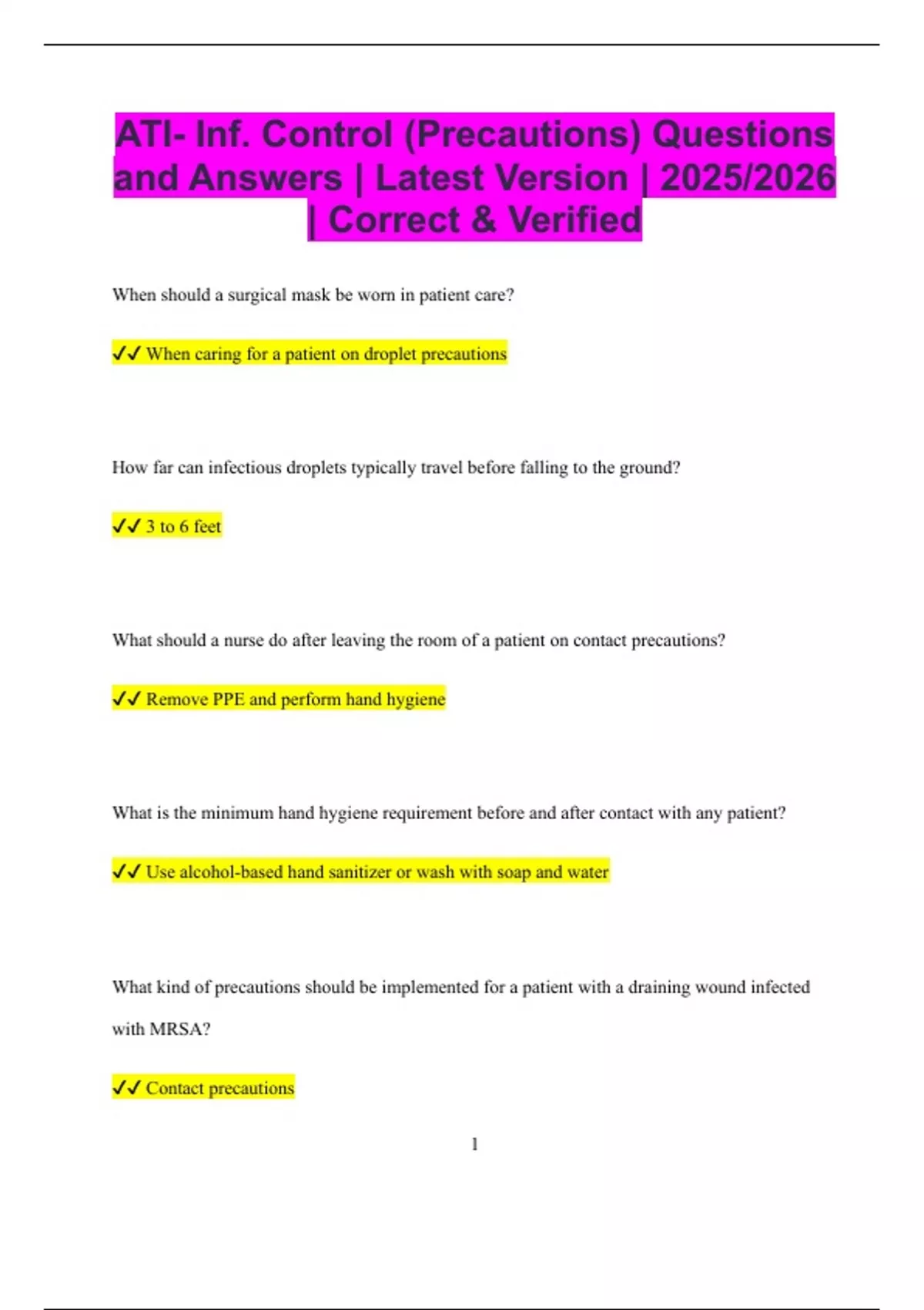 ATI- Inf. Control (Precautions) Questions and Answers | Latest Version ...
