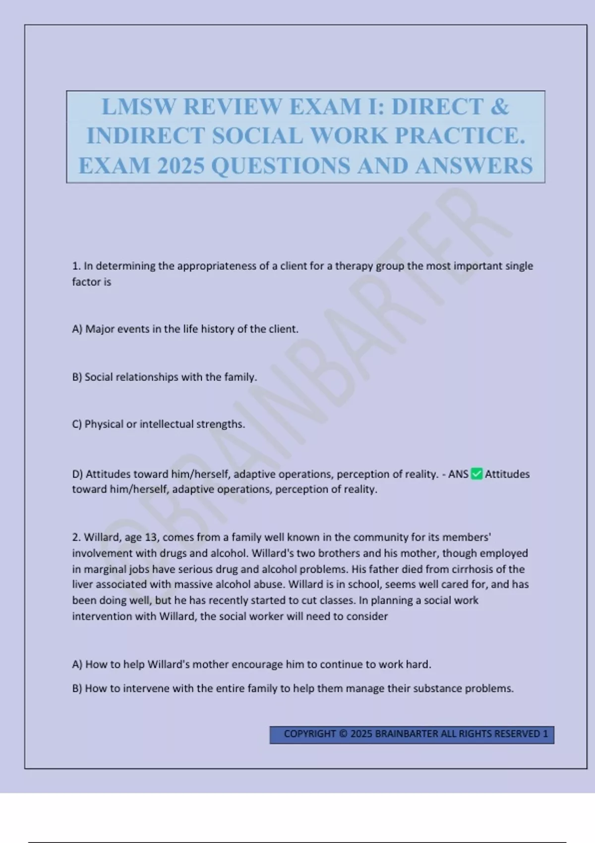 LMSW REVIEW EXAM I: DIRECT & INDIRECT SOCIAL WORK PRACTICE. EXAM 2025 ...