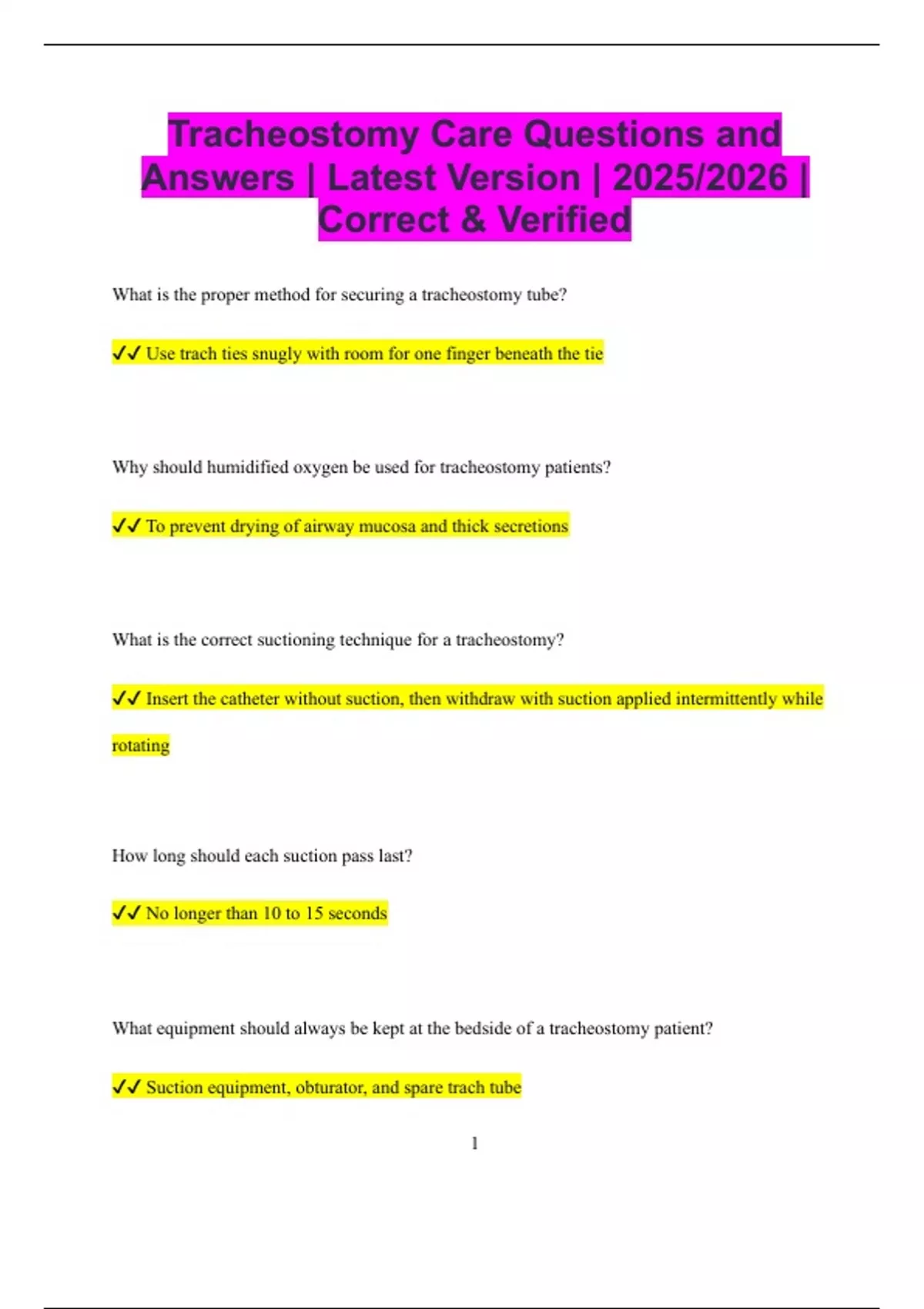 Tracheostomy Care Questions and Answers | Latest Version | 2025/2026 ...
