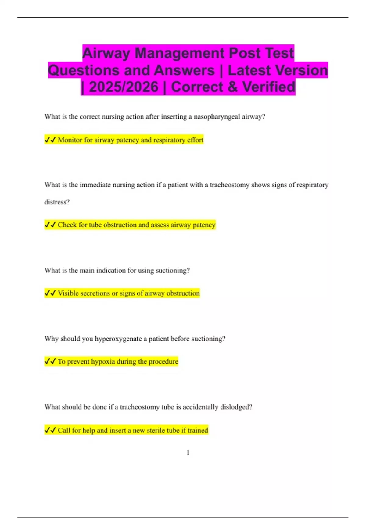 Airway Management Post Test Questions and Answers | Latest Version ...