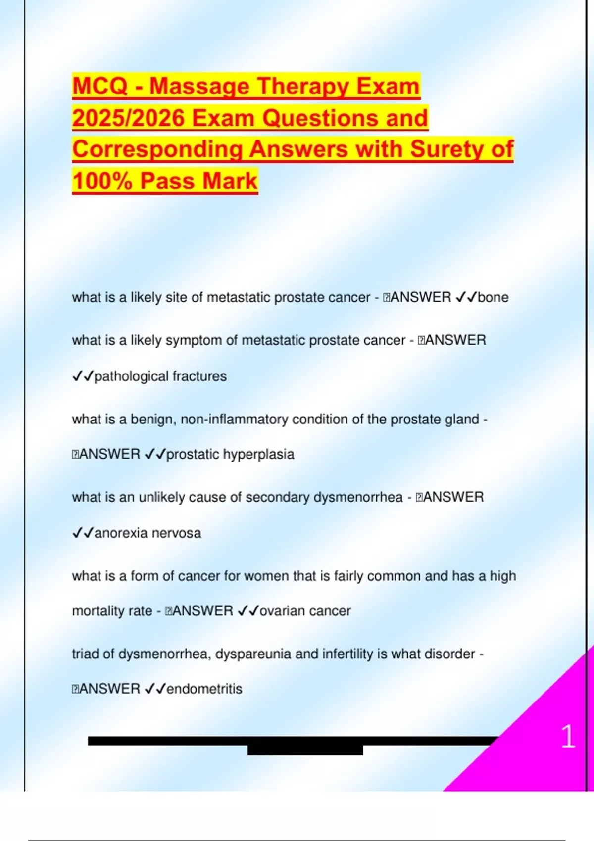 MCQ - Massage Therapy Exam 2025/2026 Exam Questions and Corresponding ...