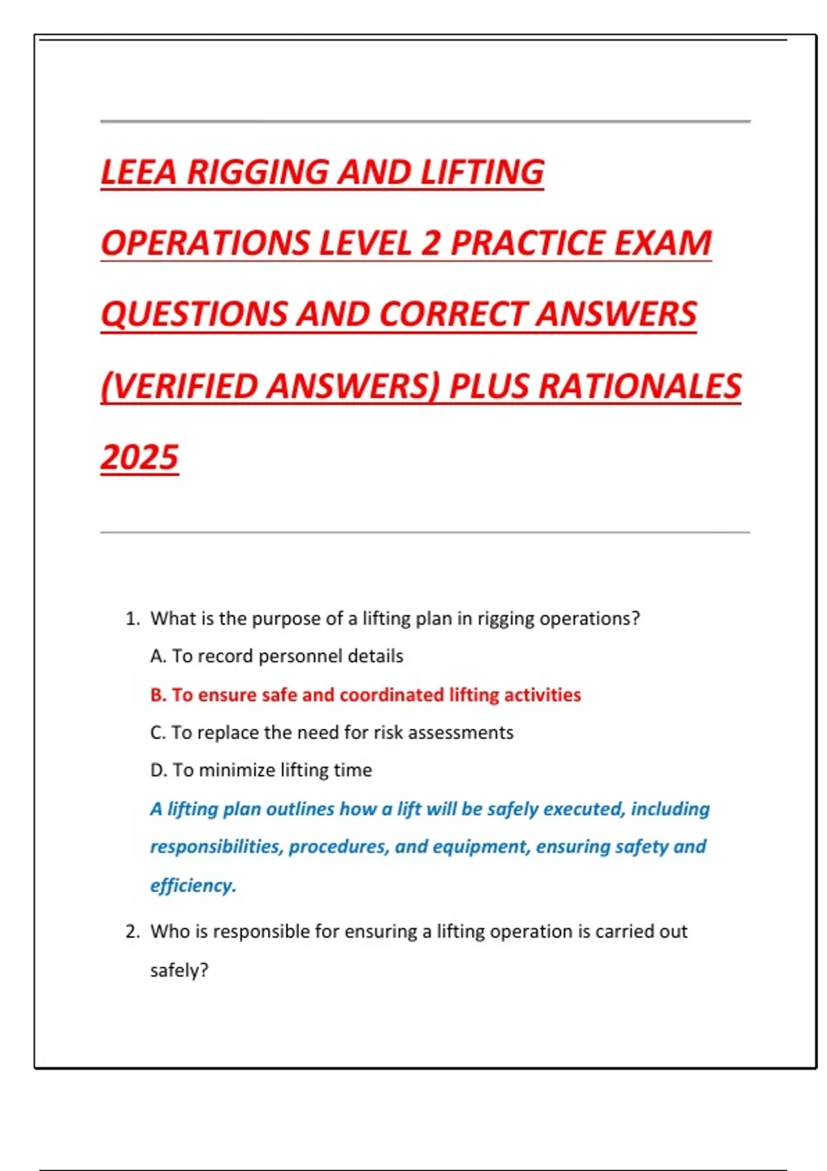 LEEA RIGGING AND LIFTING OPERATIONS LEVEL 2 PRACTICE EXAM QUESTIONS AND ...