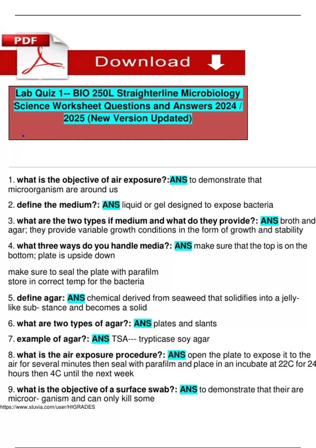 Lab Quiz 1-- BIO 250L Straighterline Microbiology Science Worksheet ...