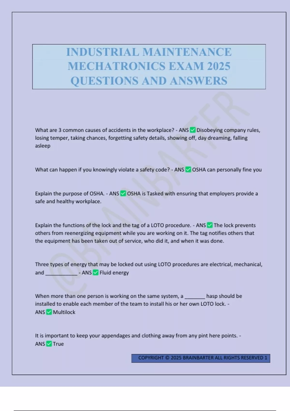 INDUSTRIAL MAINTENANCE MECHATRONICS EXAM 2025 QUESTIONS AND ANSWERS ...