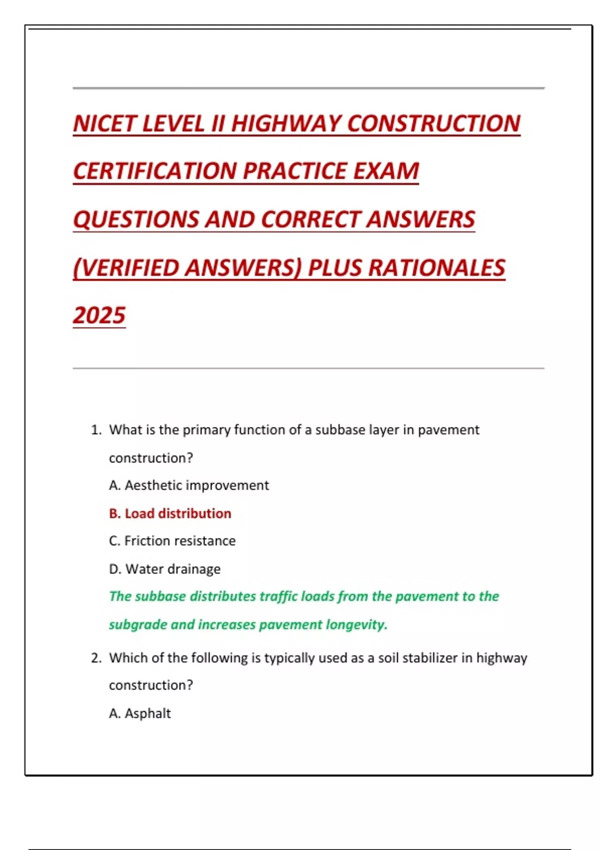 NICET LEVEL II HIGHWAY CONSTRUCTION CERTIFICATION PRACTICE EXAM ...