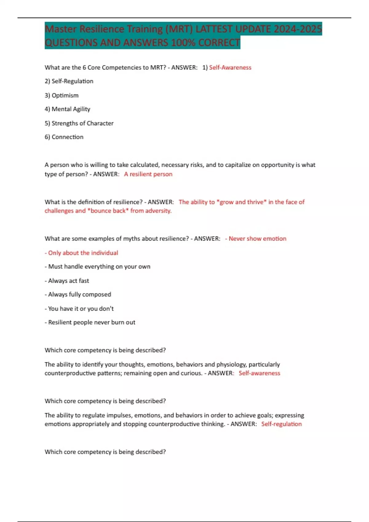Master Resilience Training (MRT) LATTEST UPDATE QUESTIONS AND ANSWERS ...