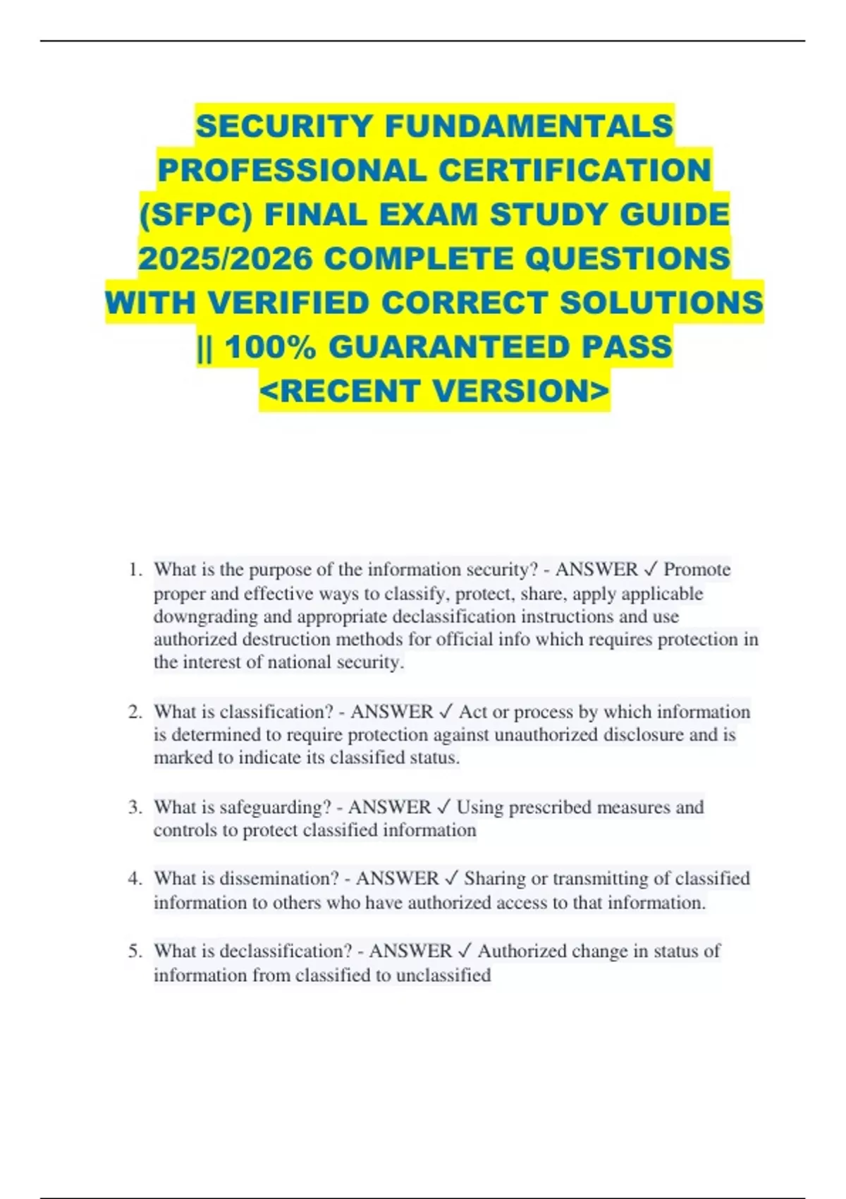 SECURITY FUNDAMENTALS PROFESSIONAL CERTIFICATION (SFPC) FINAL EXAM ...