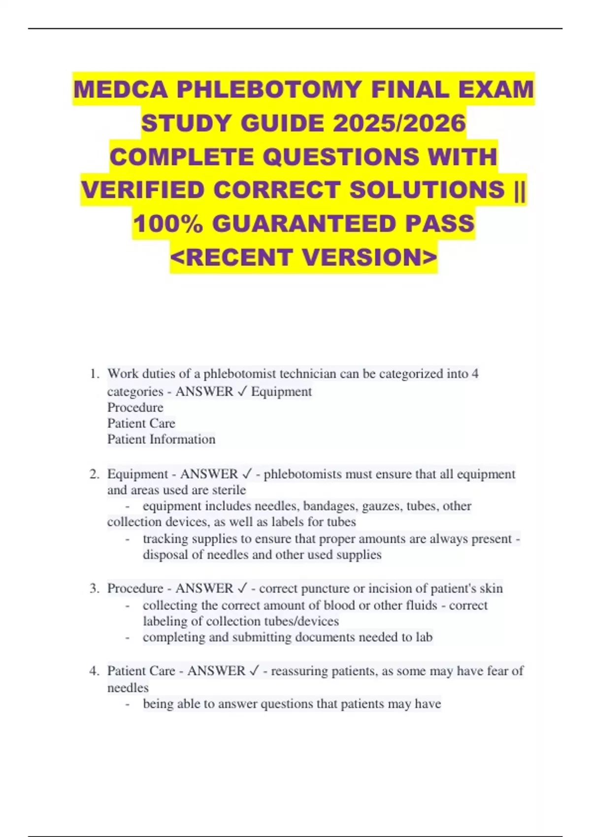 MEDCA PHLEBOTOMY FINAL EXAM STUDY GUIDE 2025/2026 COMPLETE QUESTIONS ...