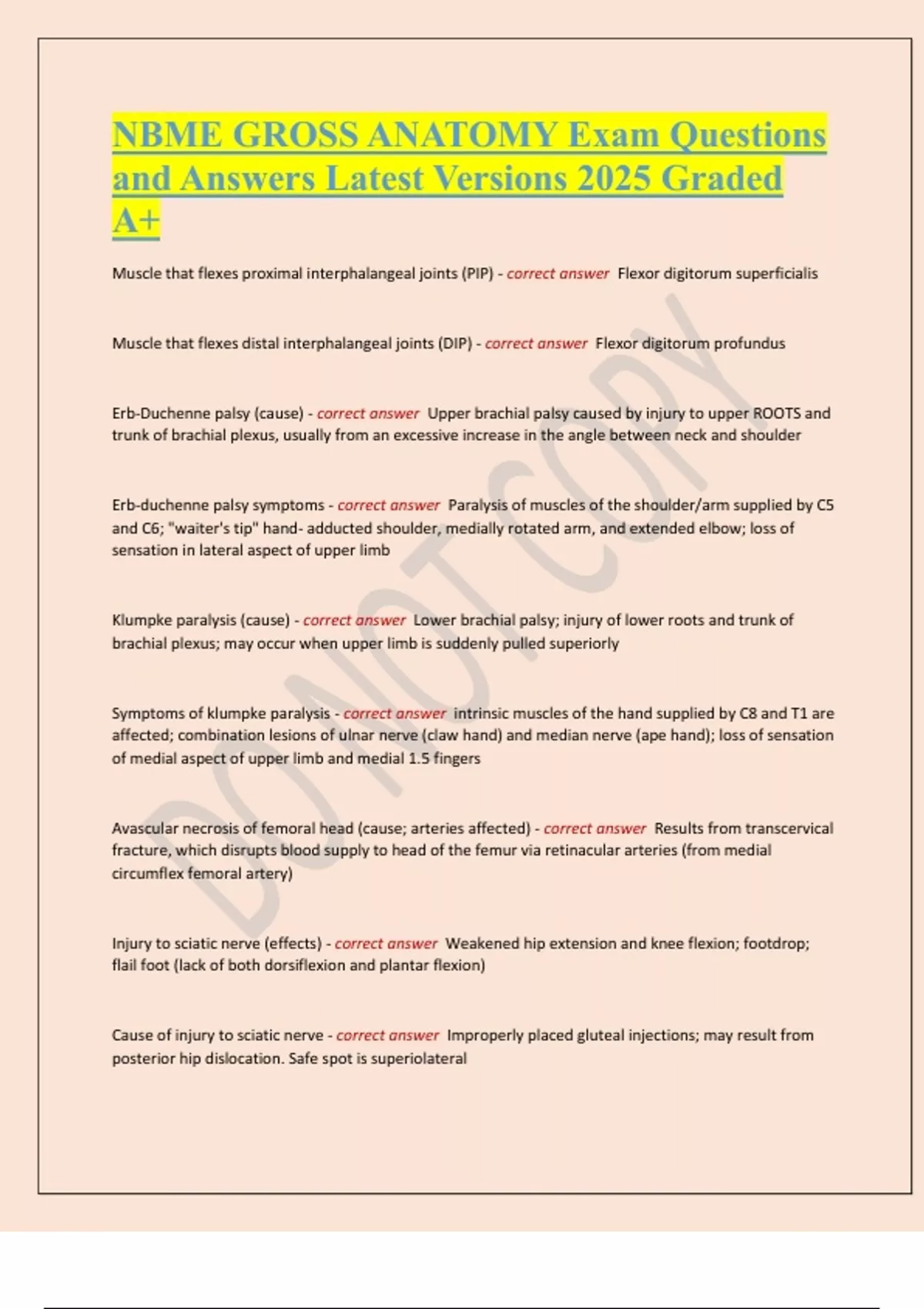 NBME GROSS ANATOMY Exam Questions and Answers Latest Versions 2025 ...