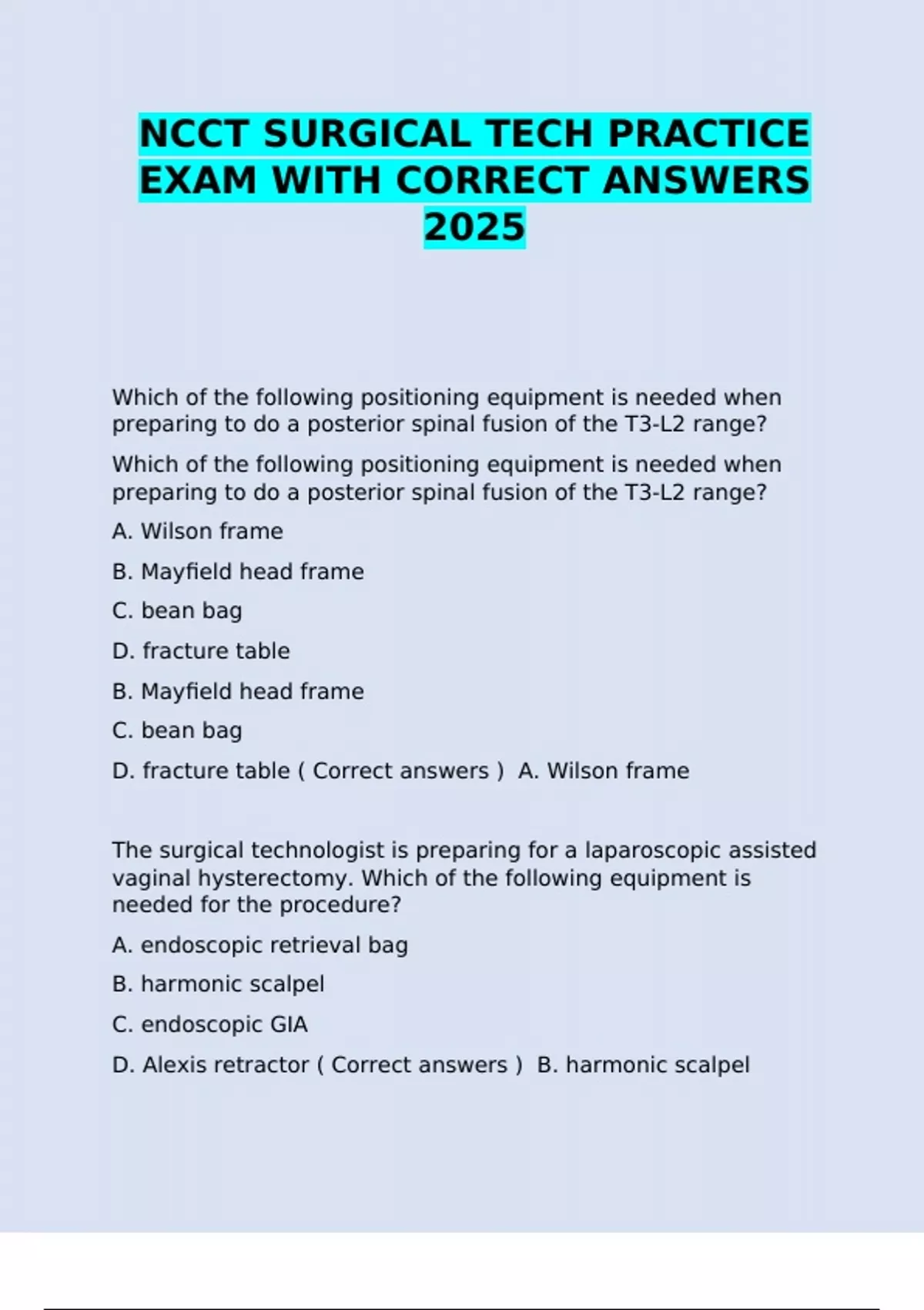 NCCT SURGICAL TECH PRACTICE EXAM WITH CORRECT ANSWERS 2025 - NCCT ...