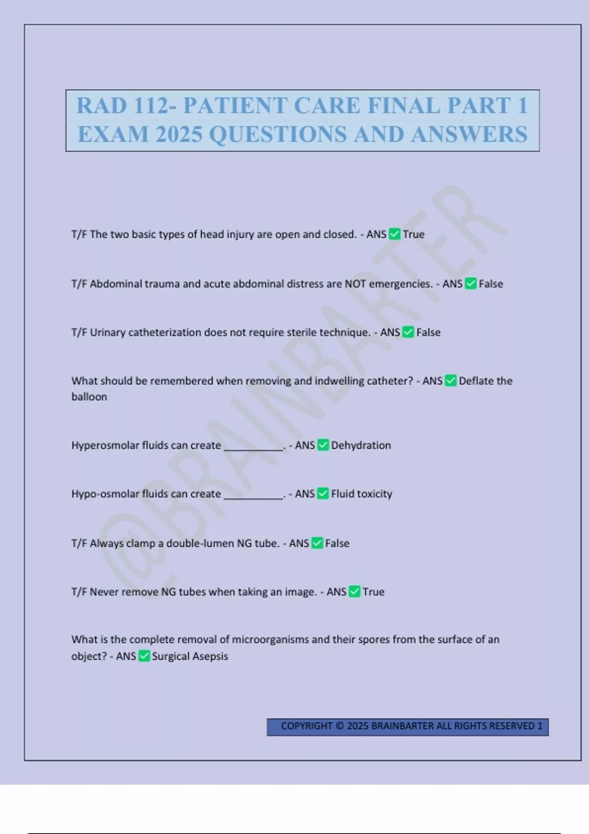 RAD 112- PATIENT CARE FINAL PART 1 EXAM 2025 QUESTIONS AND ANSWERS ...