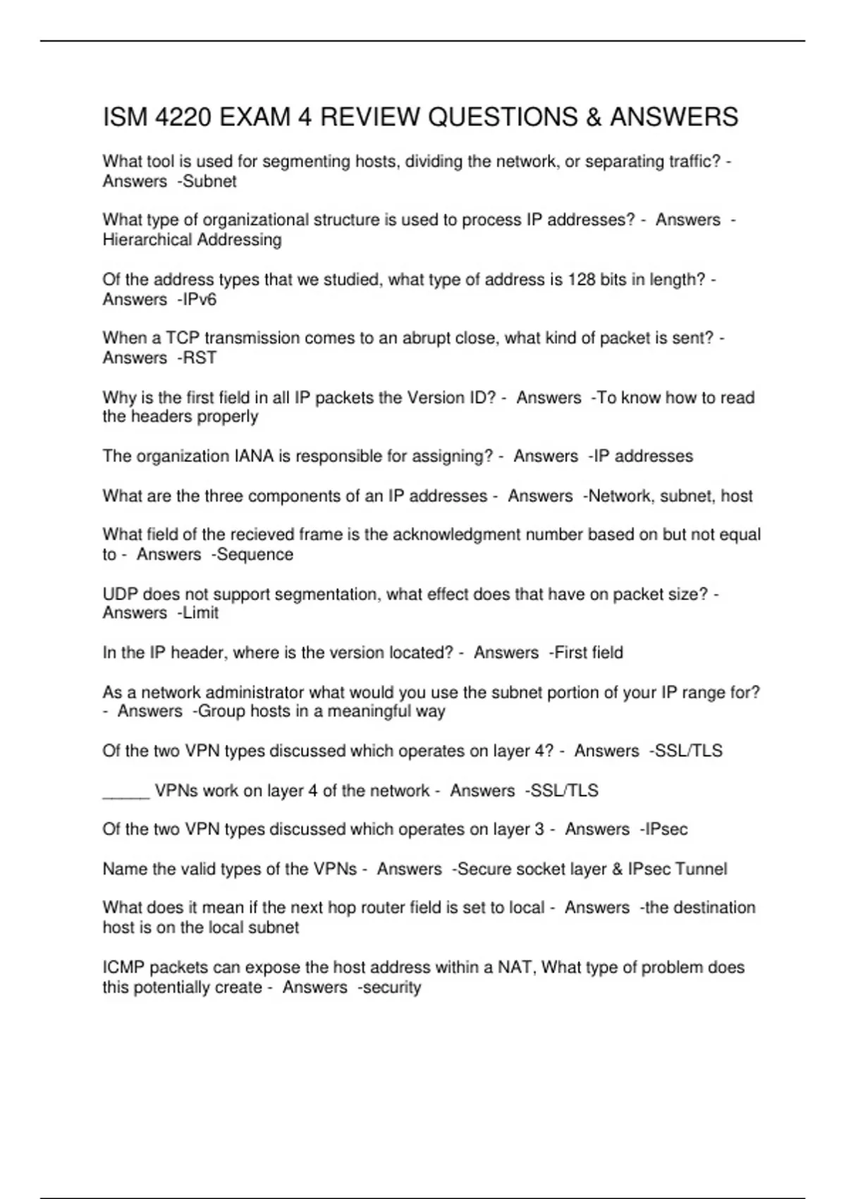 ISM 4220 EXAM 4 REVIEW QUESTIONS & ANSWERS - ISM 4220 - Stuvia US