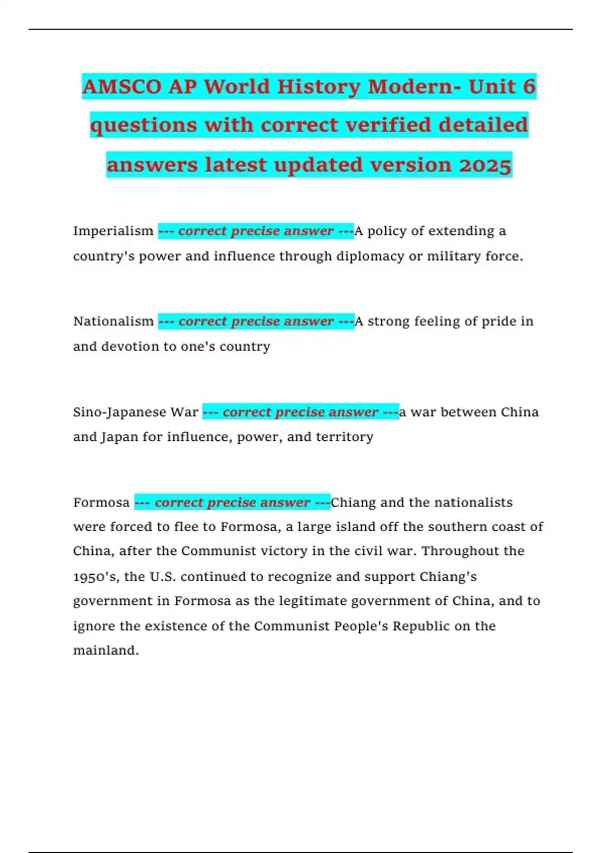 AMSCO AP World History Modern- Unit 6 questions with correct verified ...