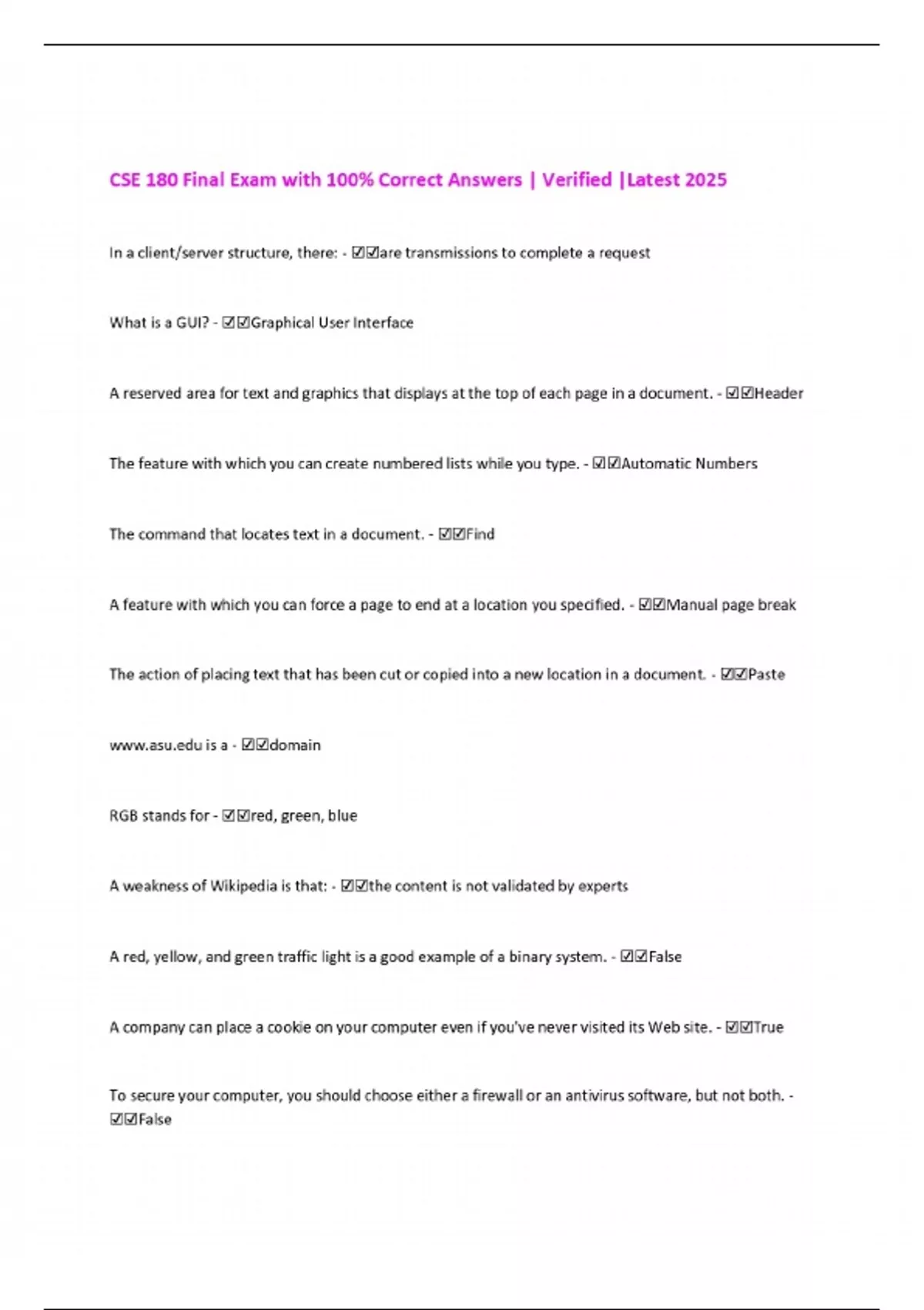 CSE 180 Final Exam with 100% Correct Answers | Verified |Latest 2025 ...