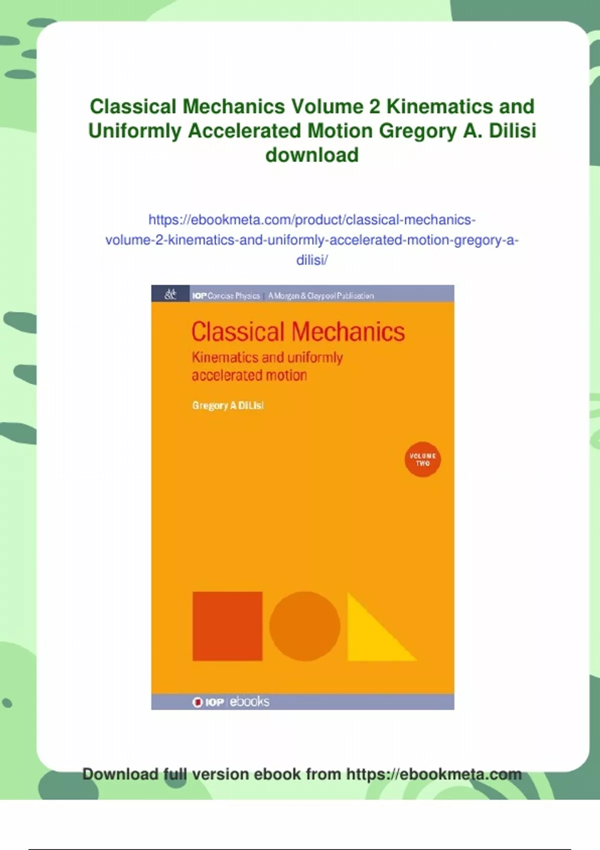Summary Classical Mechanics Volume 2 Kinematics and Uniformly ...