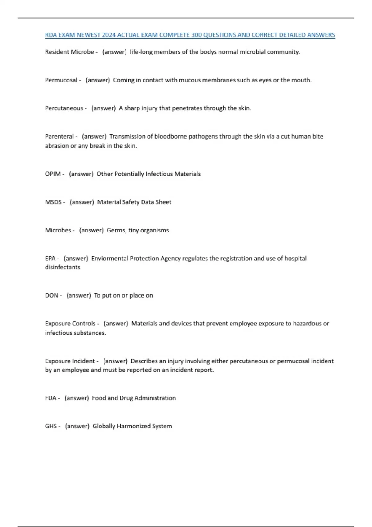 RDA EXAM NEWEST 2024 ACTUAL EXAM COMPLETE 300 QUESTIONS AND CORRECT ...