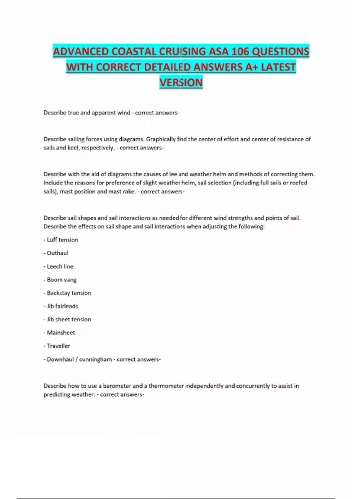 ADVANCED COASTAL CRUISING ASA 106 QUESTIONS WITH CORRECT DETAILED ...