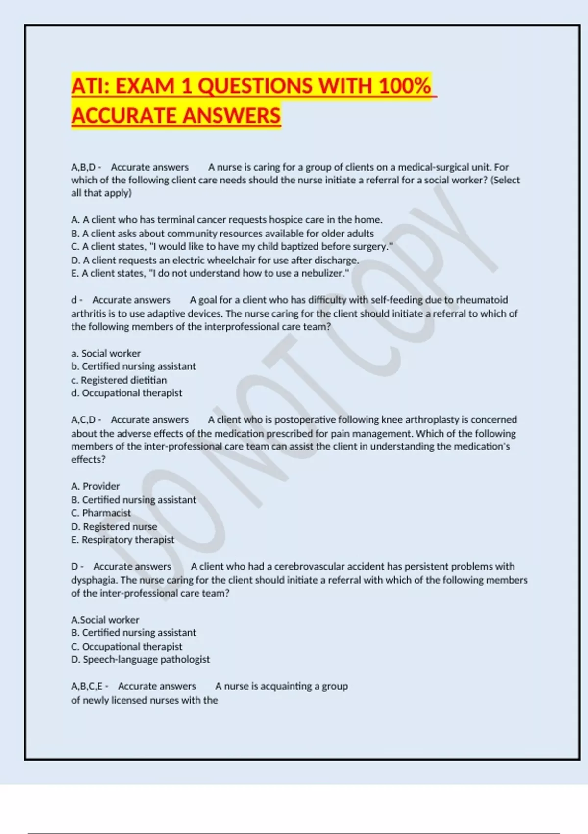 ATI Exam 1 – Nursing Foundations – 2025 – Questions with 100% Accurate ...