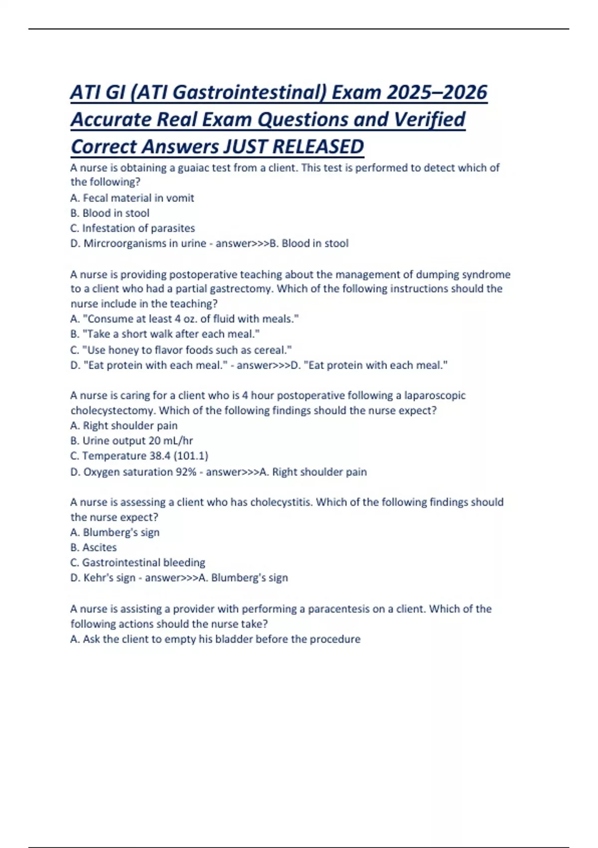 ATI GI (ATI Gastrointestinal) Exam 2025–2026 ATI exam Accurate Real ...