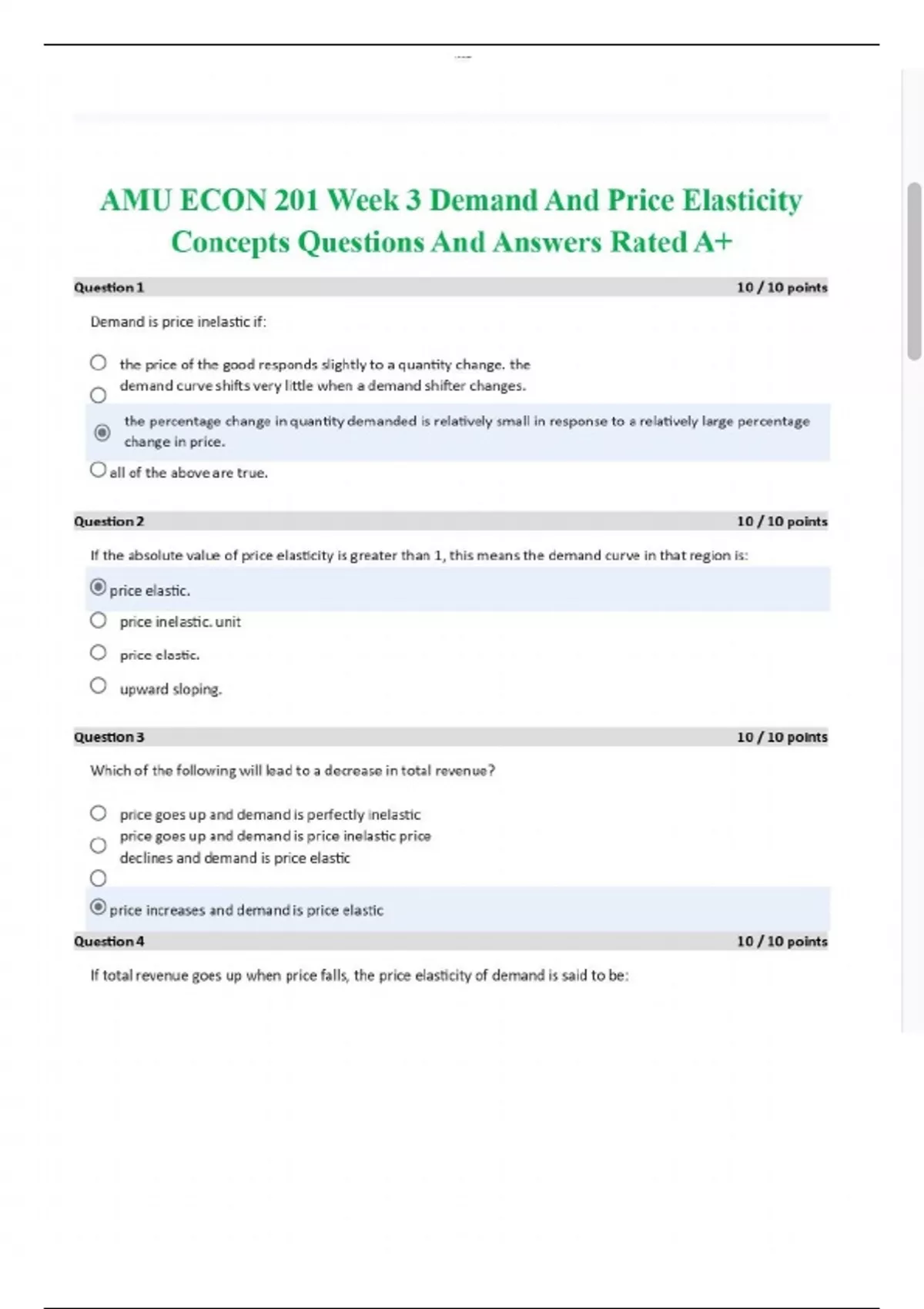 AMU ECON 201 Week 3 Demand And Price Elasticity Concepts Questions And Answers Rated A+ 2025 ...