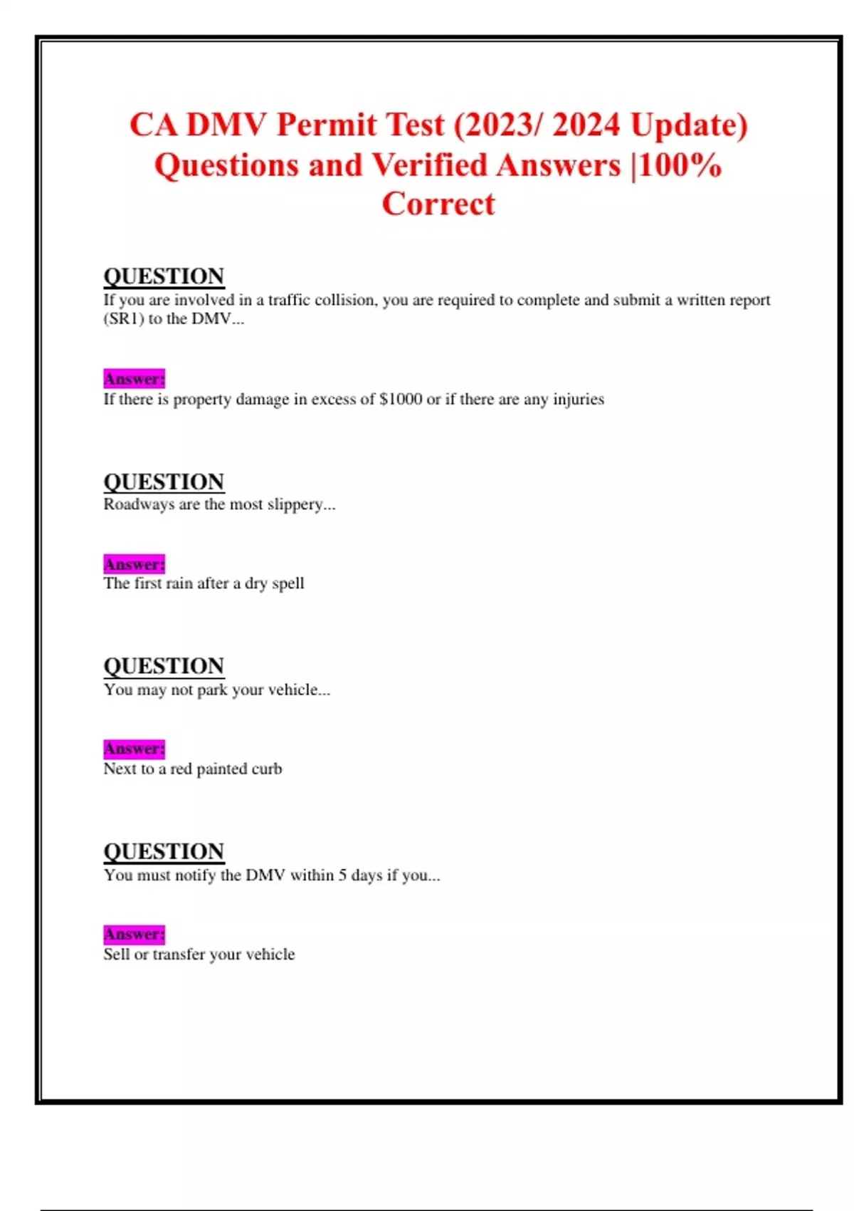 CA DMV Permit Test (2023/ 2024 Update) Questions and Verified Answers ...