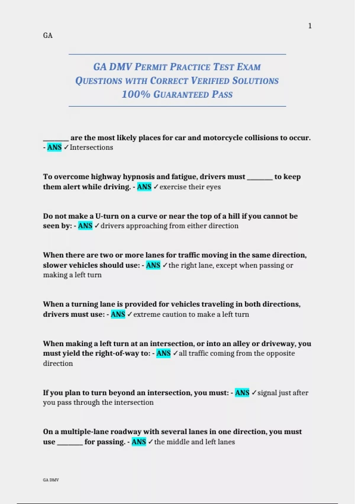 GA DMV PERMIT PRACTICE TEST EXAM QUESTIONS WITH CORRECT VERIFIED ...