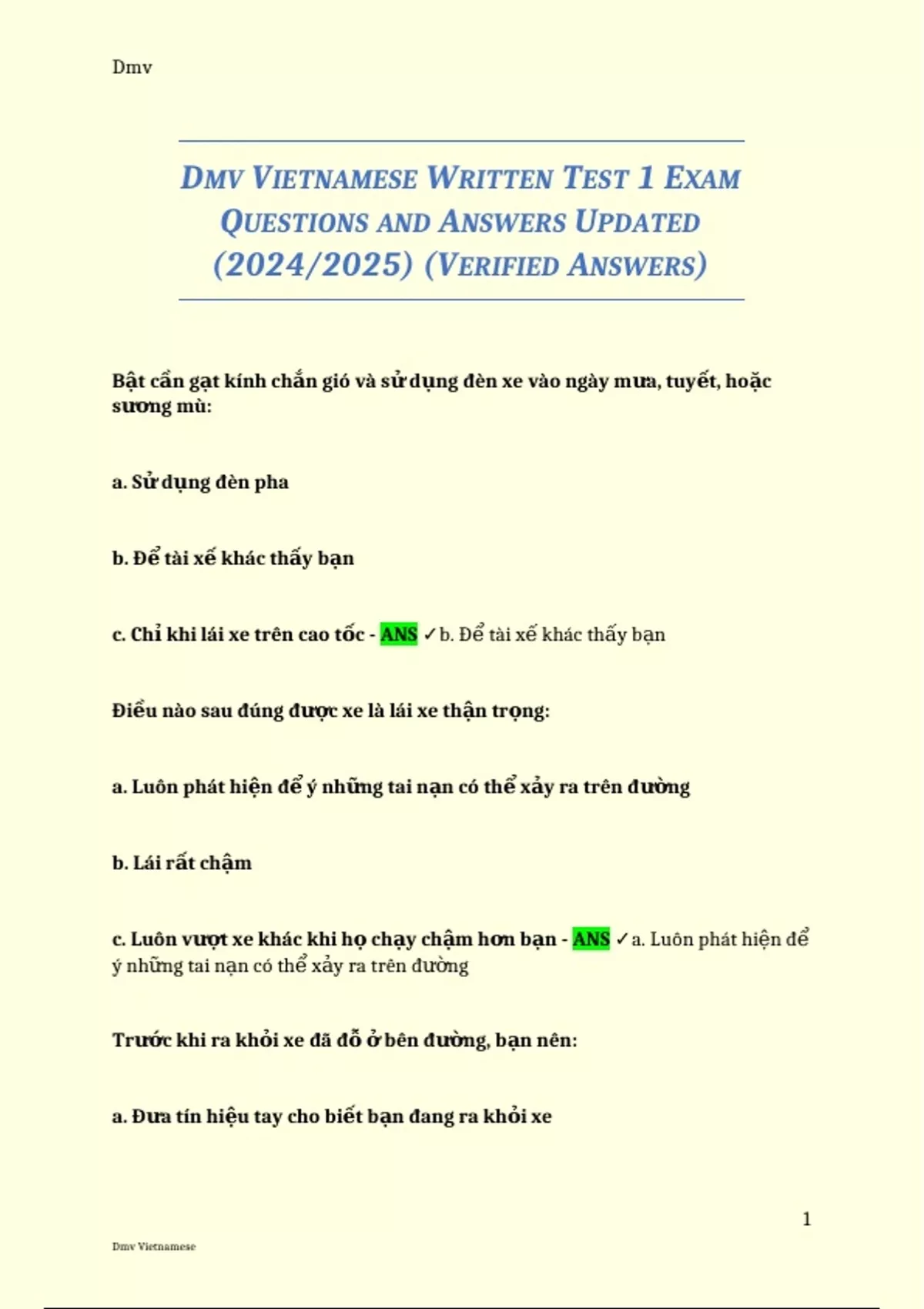 DMV VIETNAMESE WRITTEN TEST 1 EXAM QUESTIONS AND ANSWERS UPDATED (2024/ ...