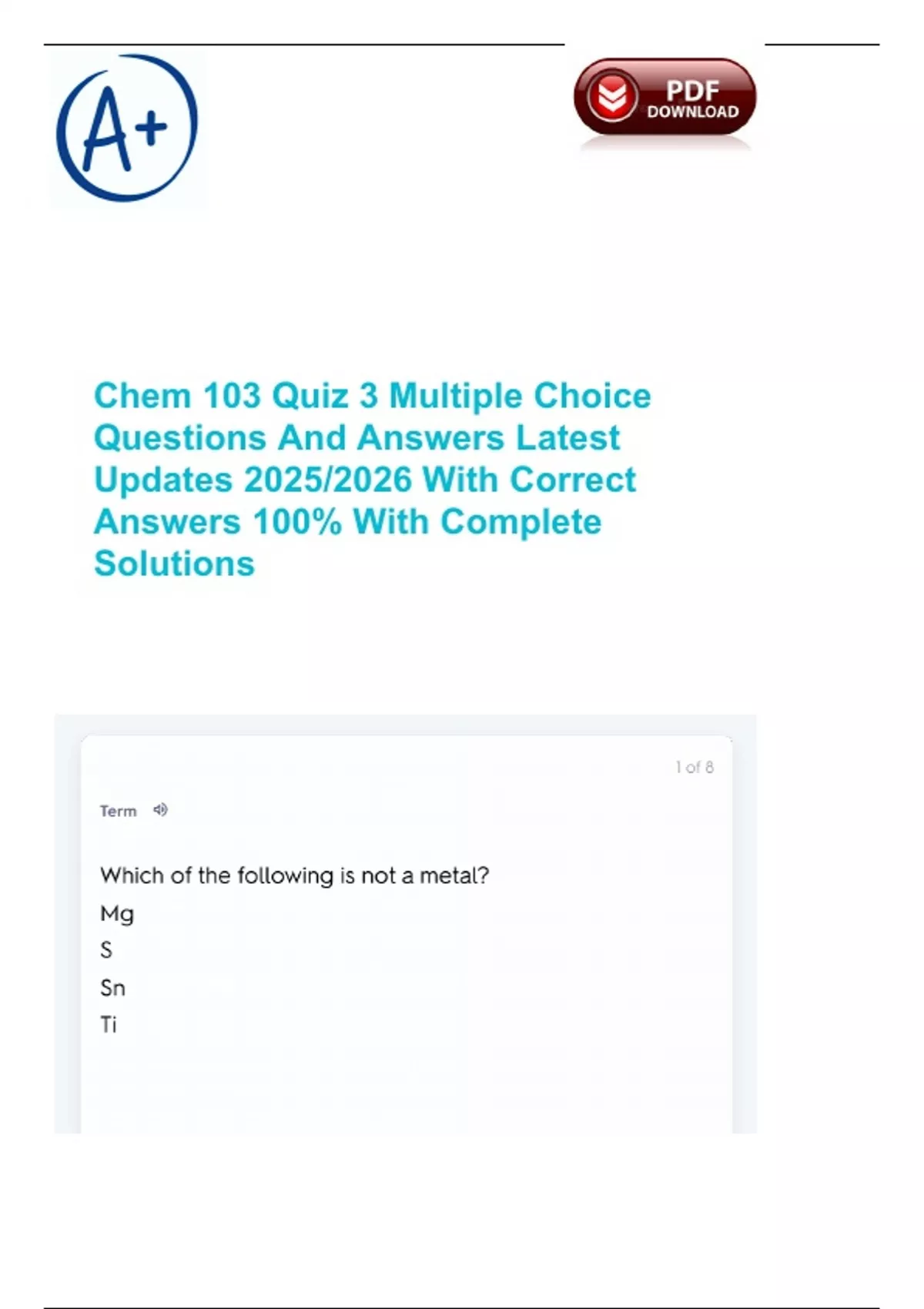Chem 103 Quiz 3 Multiple Choice Questions And Answers Latest Updates ...