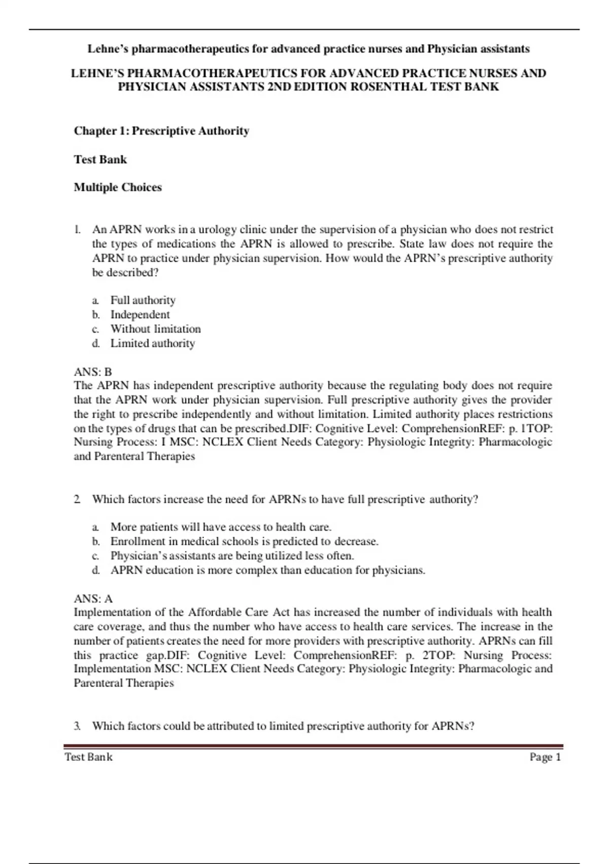 Test Bank for Lehne's Pharmacotherapeutics for Advanced Practice Nurses ...