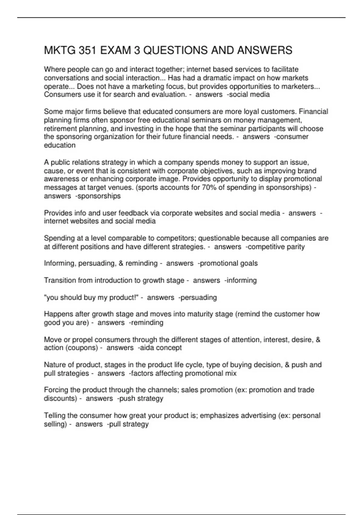 MKTG 351 EXAM 3 QUESTIONS AND ANSWERS - MKTG 351 - Stuvia US