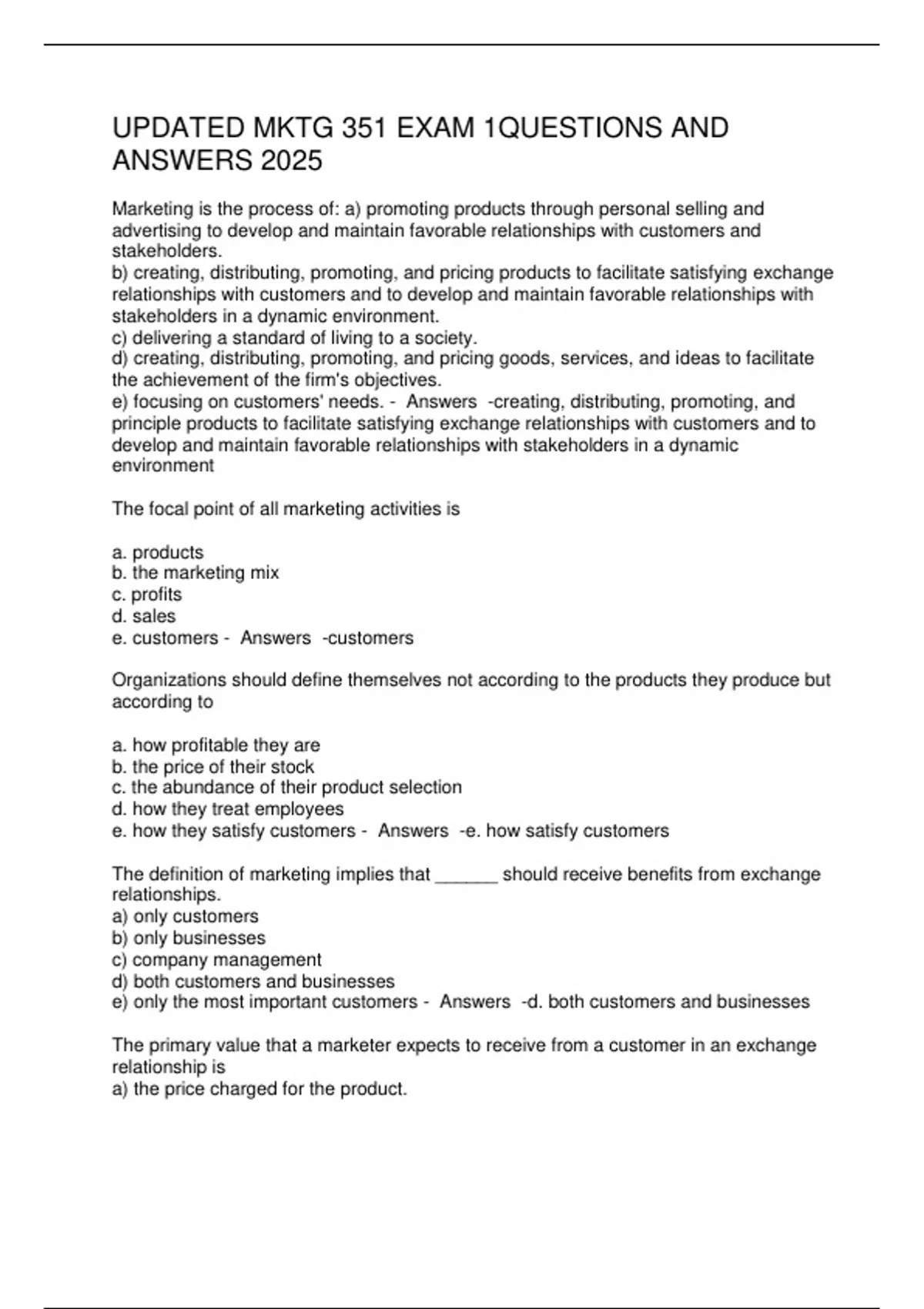 UPDATED MKTG 351 EXAM 1QUESTIONS AND ANSWERS 2025 - MKTG 351 - Stuvia US