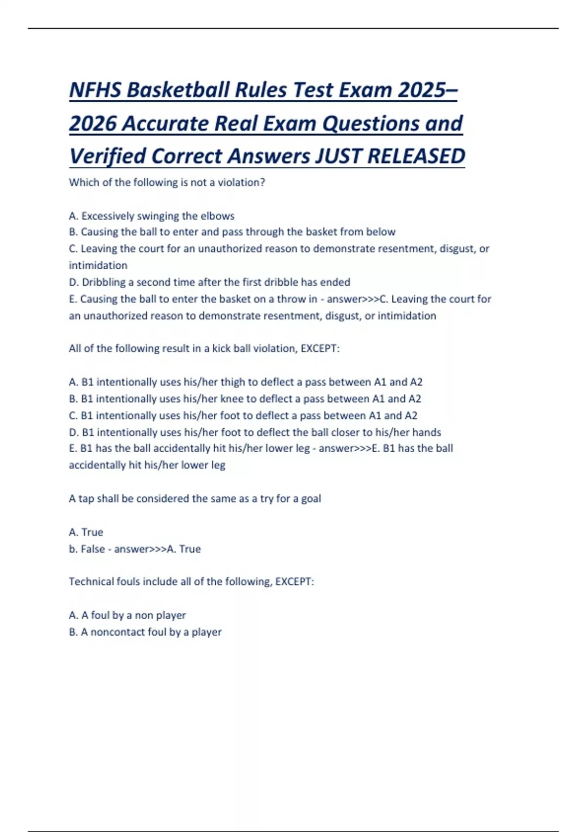 NFHS Basketball Rules Test Exam 2025–2026 Accurate Real Exam Questions ...