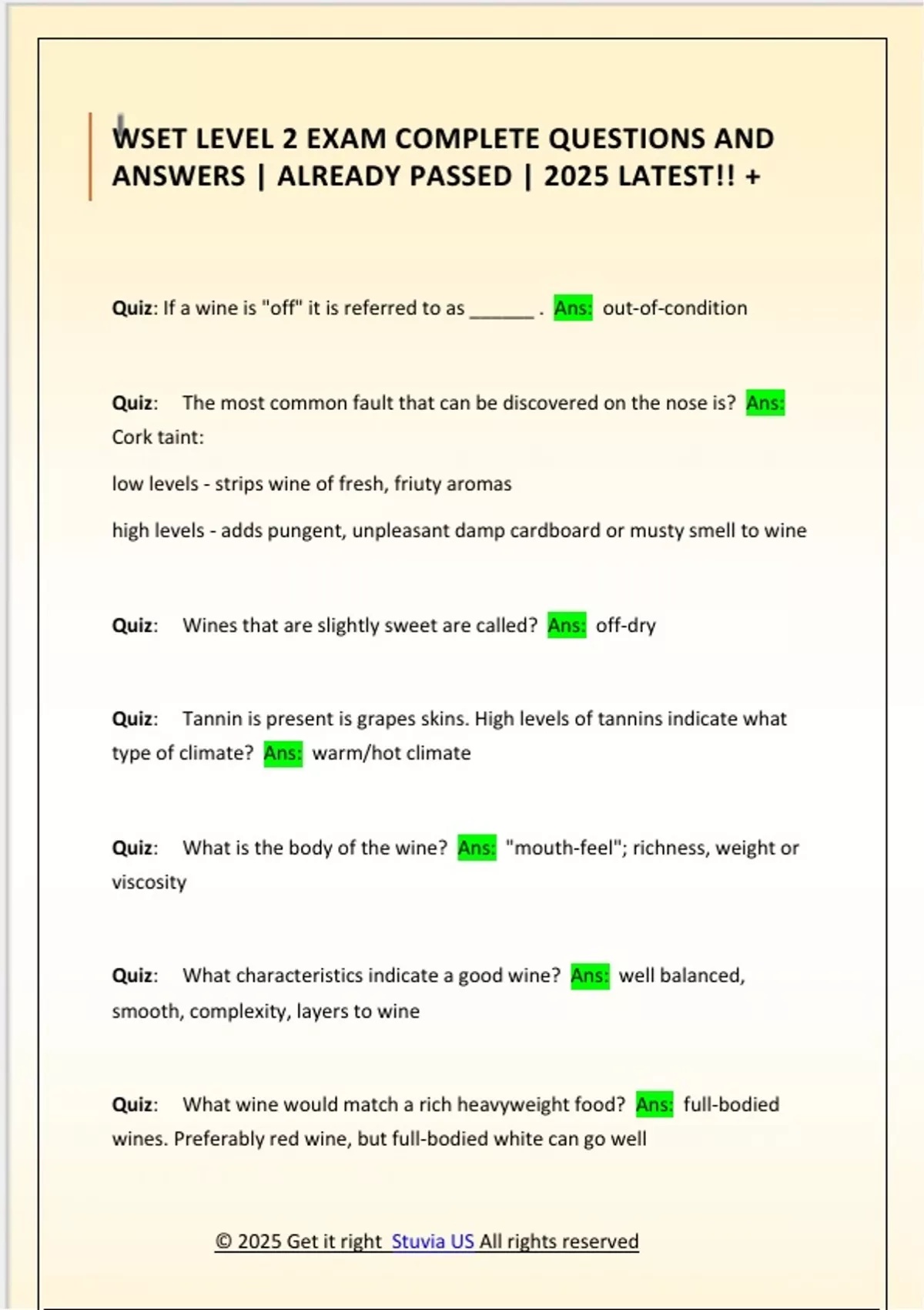 WSET LEVEL 2 EXAM COMPLETE QUESTIONS AND ANSWERS | ALREADY PASSED ...