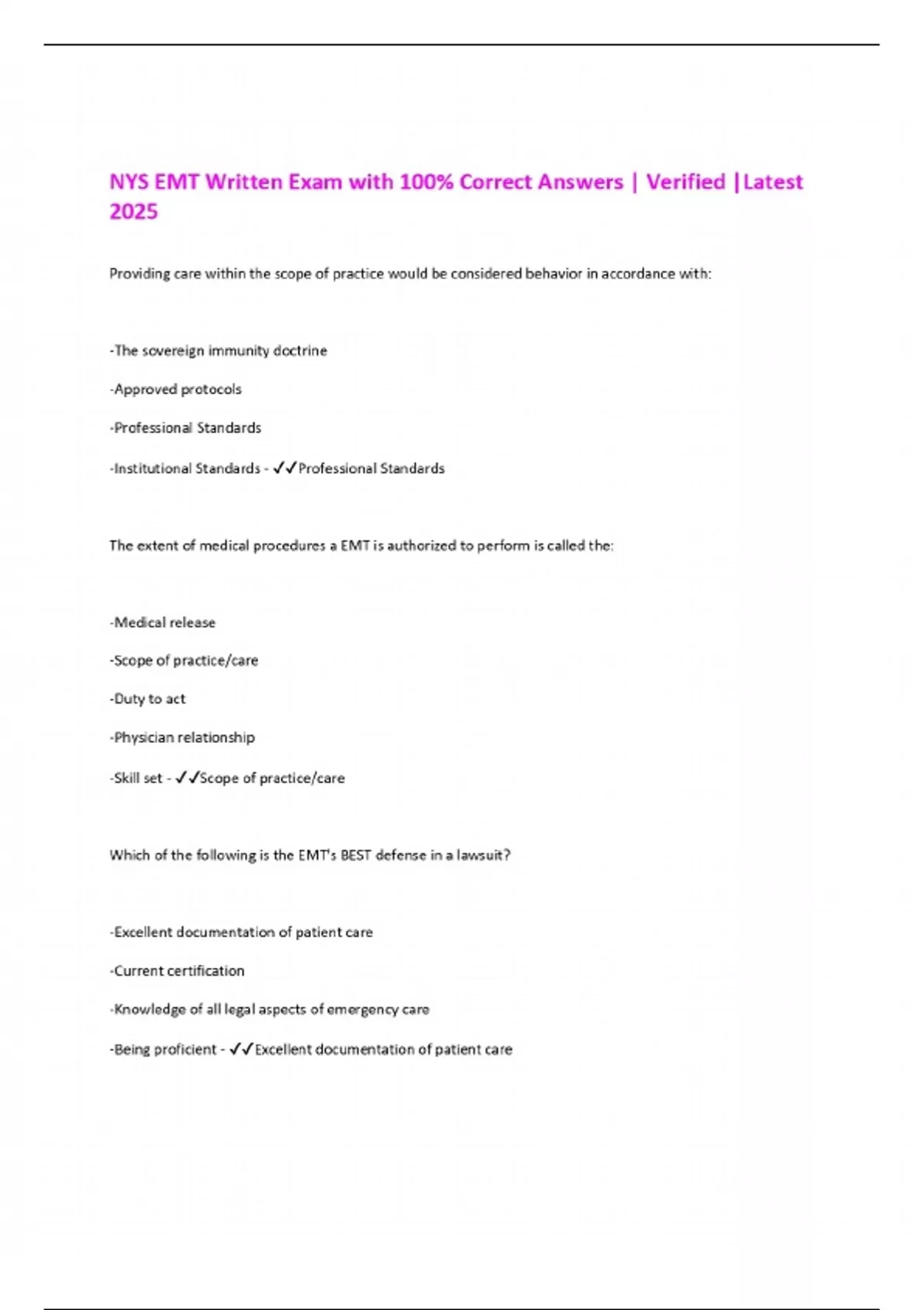 NYS EMT Written Exam with 100% Correct Answers | Verified |Latest 2025 ...