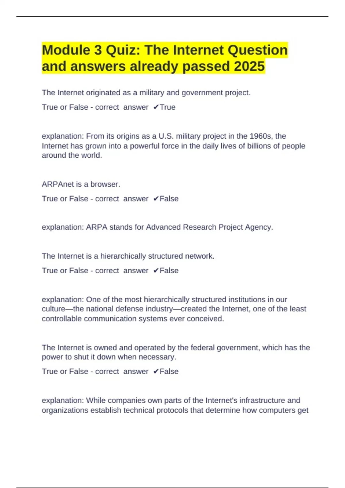 Module 3 Quiz: The Internet Question and answers already passed 2025 ...